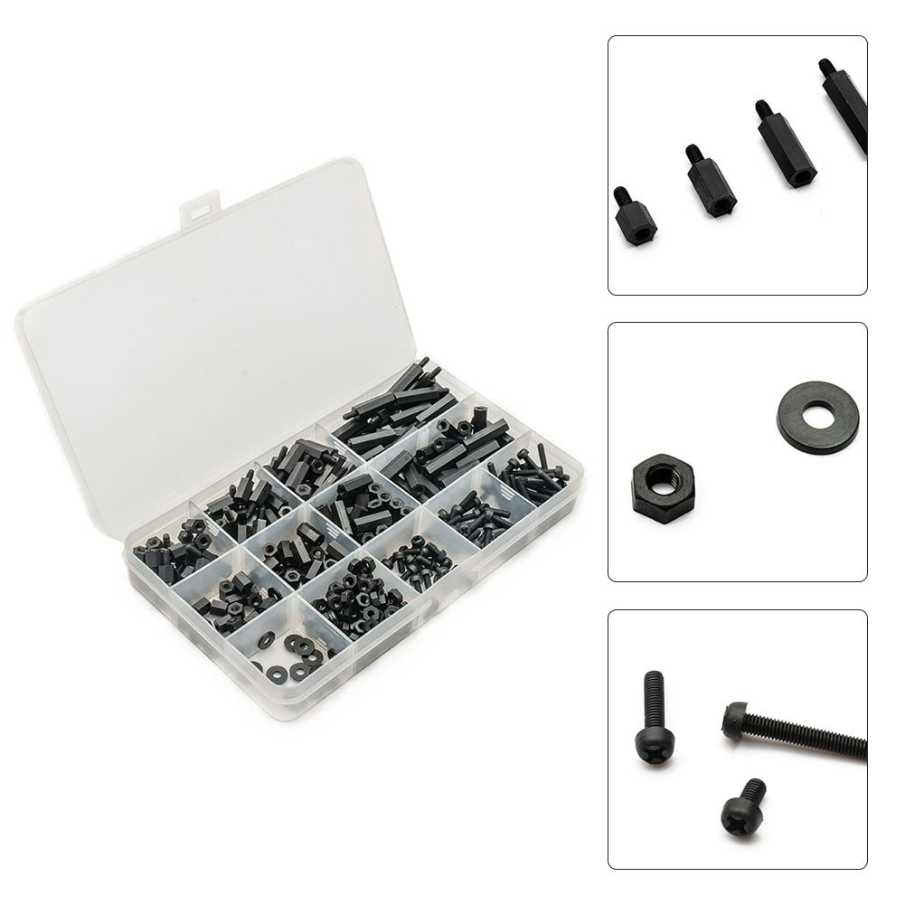 KAJOVE 320PCS Box M3 Black Male Female Nylon Hex Spacer Standoff Screw ...