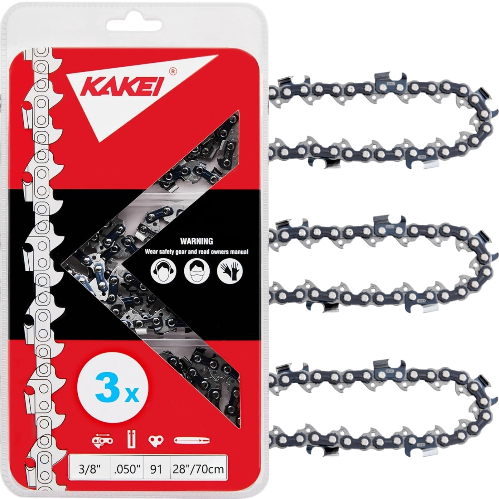 KAKEI Skiptooth 28 Inch Chainsaw Chain 3/8" Pitch .050" Gauge 91 Drive ...
