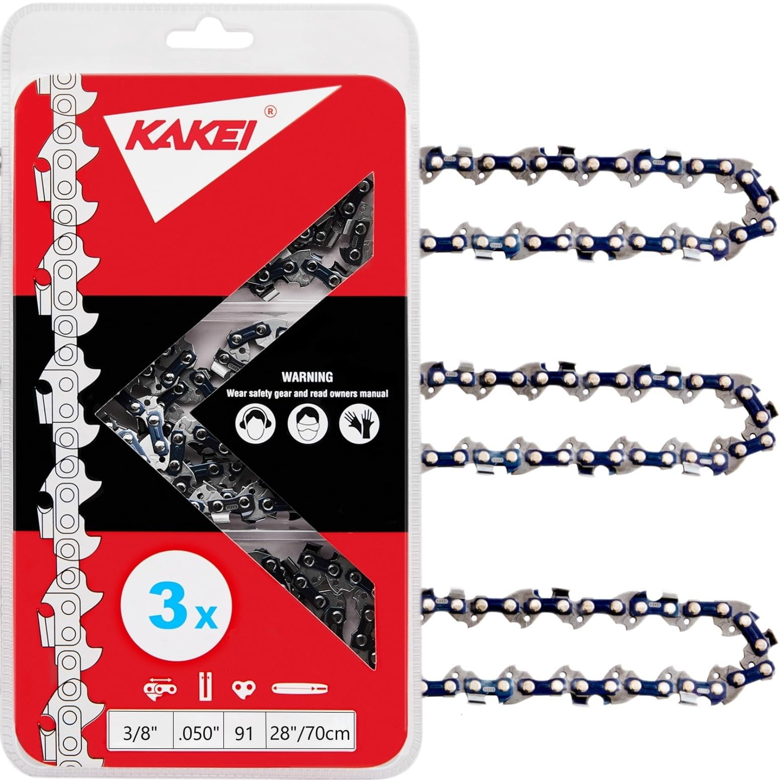 KAKEI Skiptooth 28 Inch Chainsaw Chain 3/8" Pitch .050" Gauge 91 Drive ...