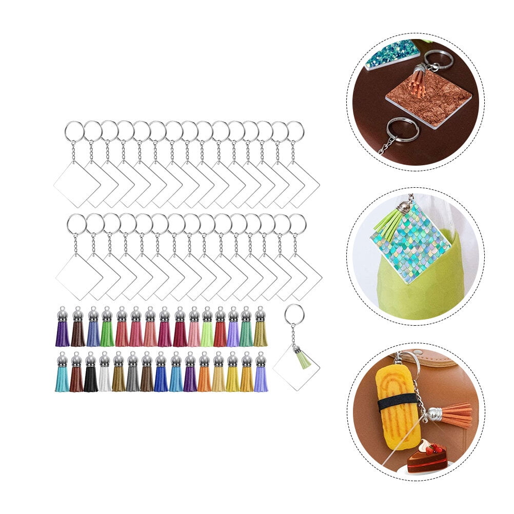 KAKOWELY 120Pcs Key Chain Kits Assorted Color Square Acrylic DIY Tassel ...
