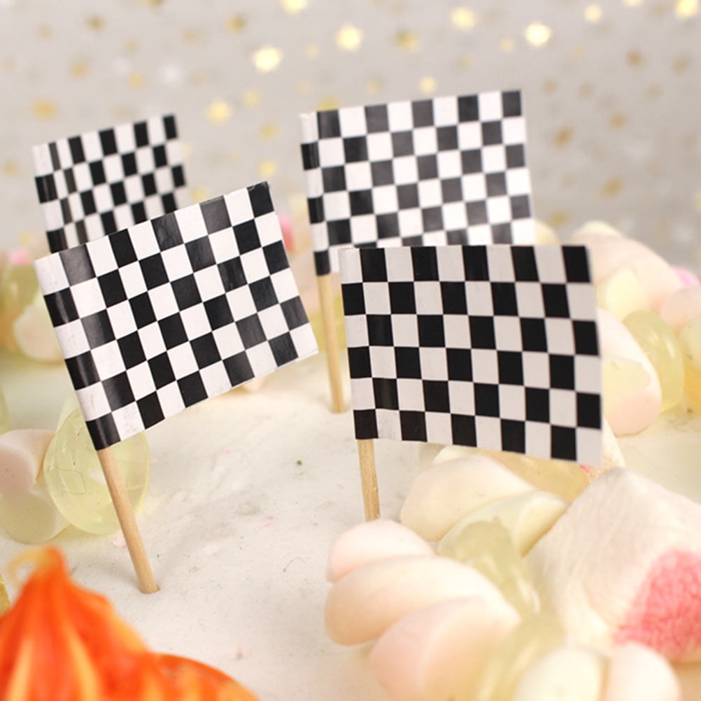KAKOWELY 150Set Racing Wheel Cake Toppers Flag Shaped Black White Paper ...