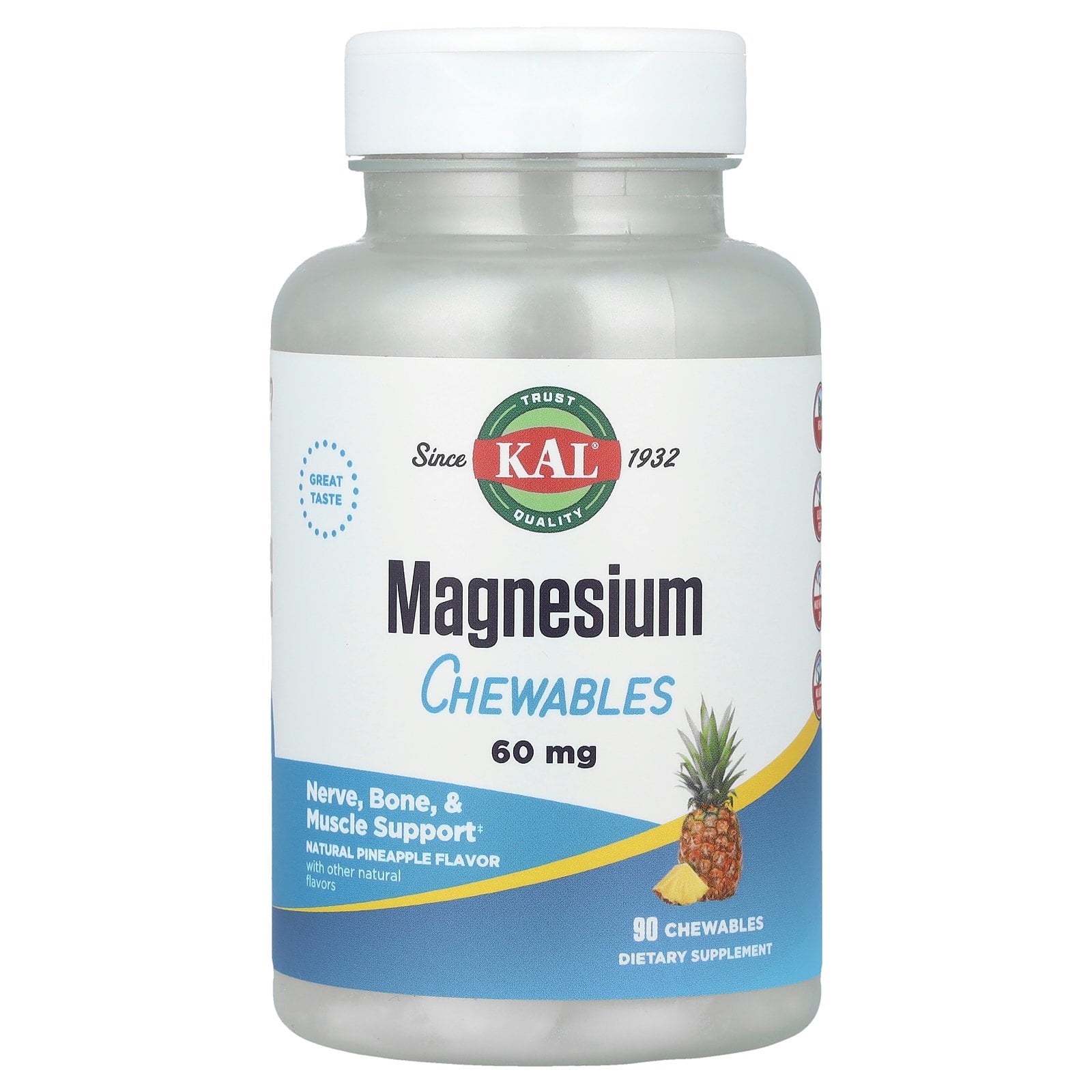 KAL Magnesium Chewables, Pineapple, 60 mg, 90 Chewables - Walmart.com