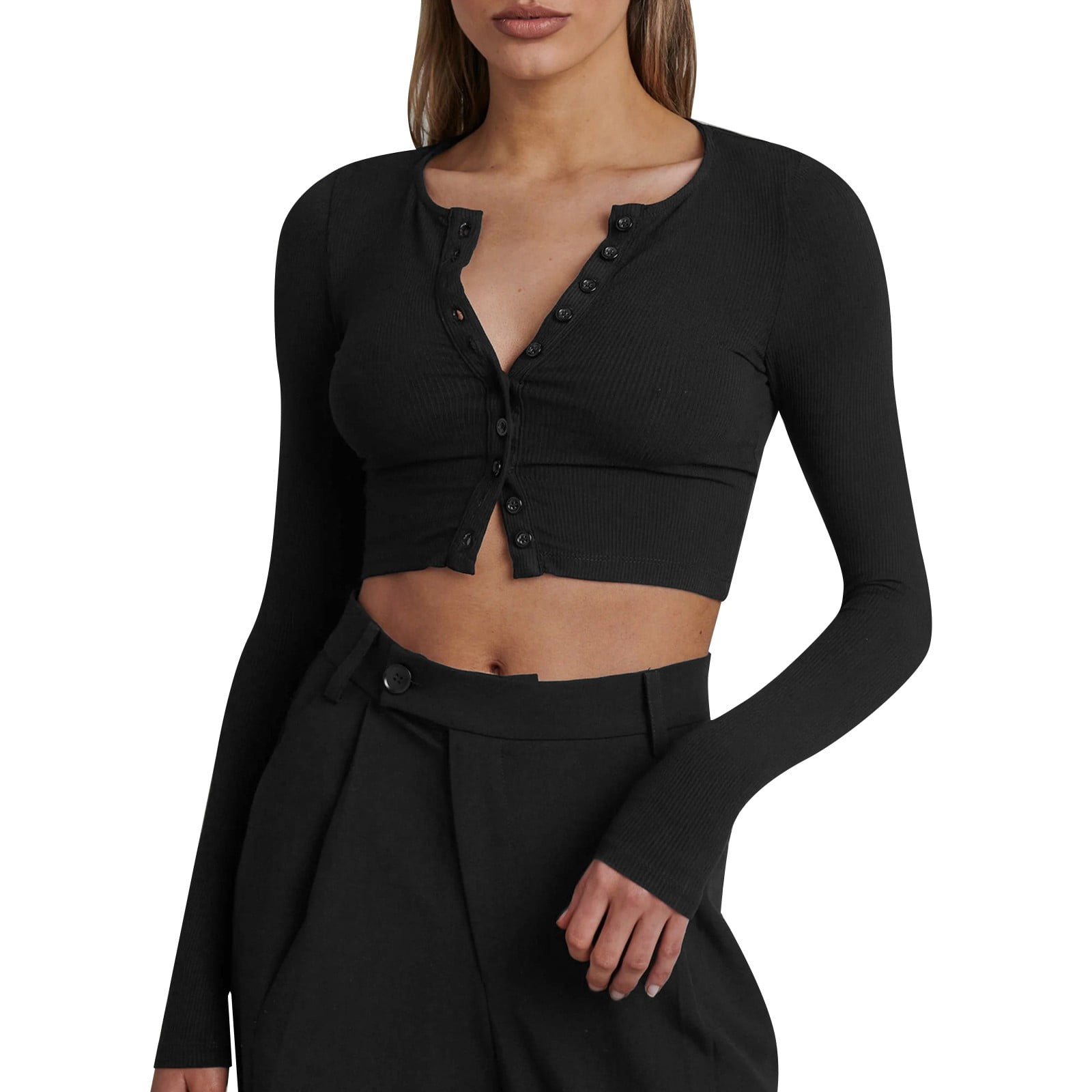 KALE Cardigan Sweaters for Women Fashion Cropped Rib Long Sleeve Knit ...