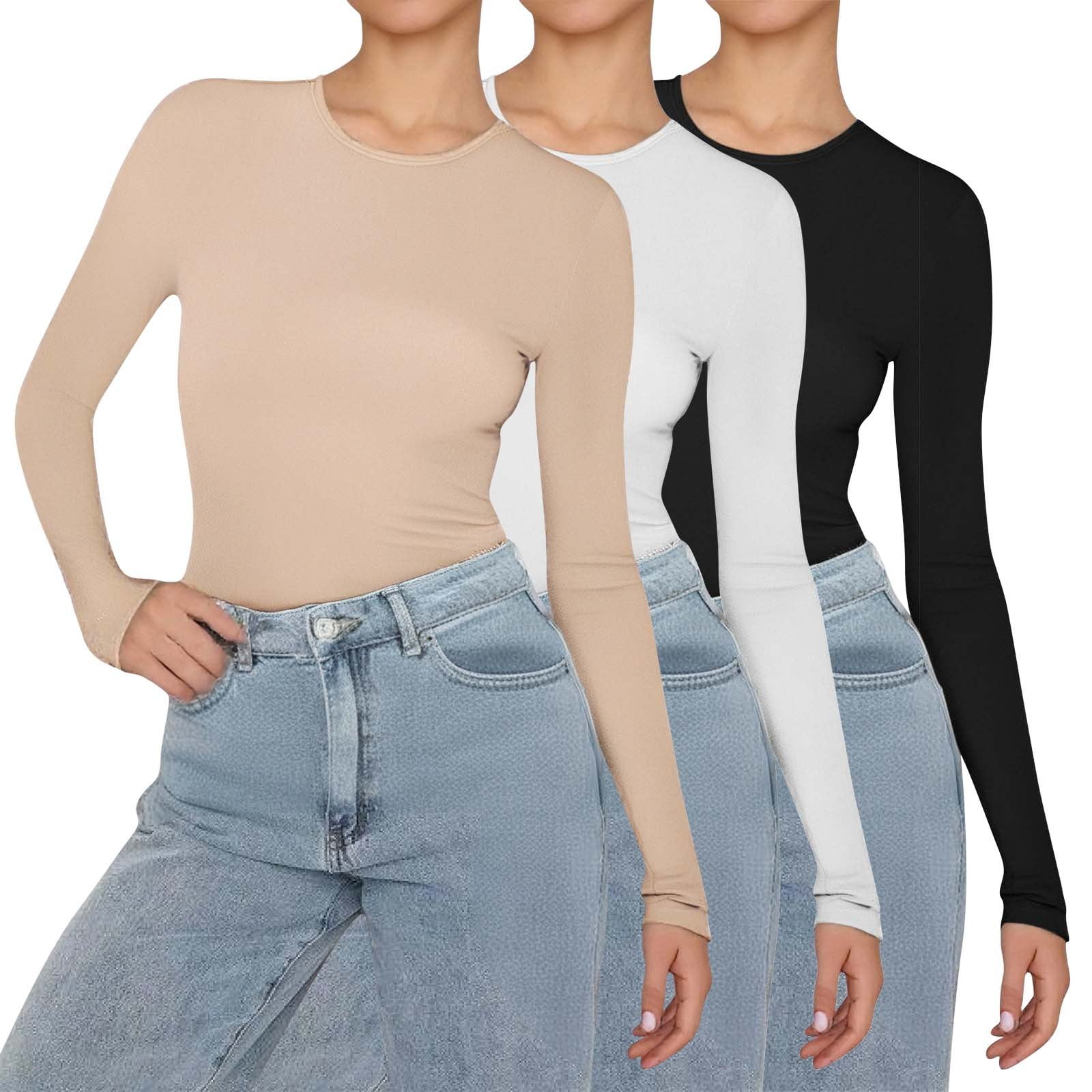 KALE Long Sleeve Shirts for Women Solid Color Fashionable Casual Round ...