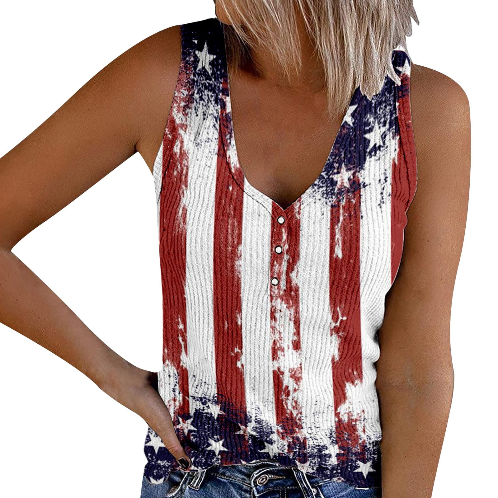 KALE Sleeveless Tops for Women American Flag 4th Of July Shirts Button ...