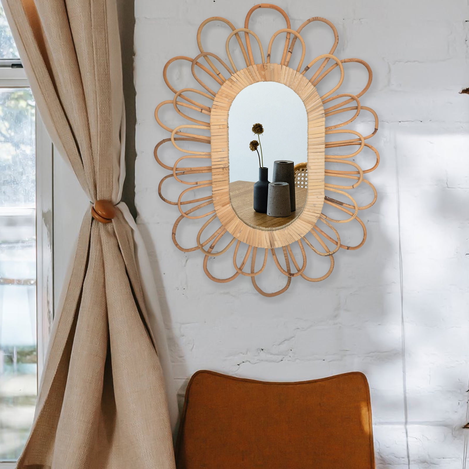 KALLORY 1Set Decorative Mirror Rattan Framed Wooden Wall Mounted ...