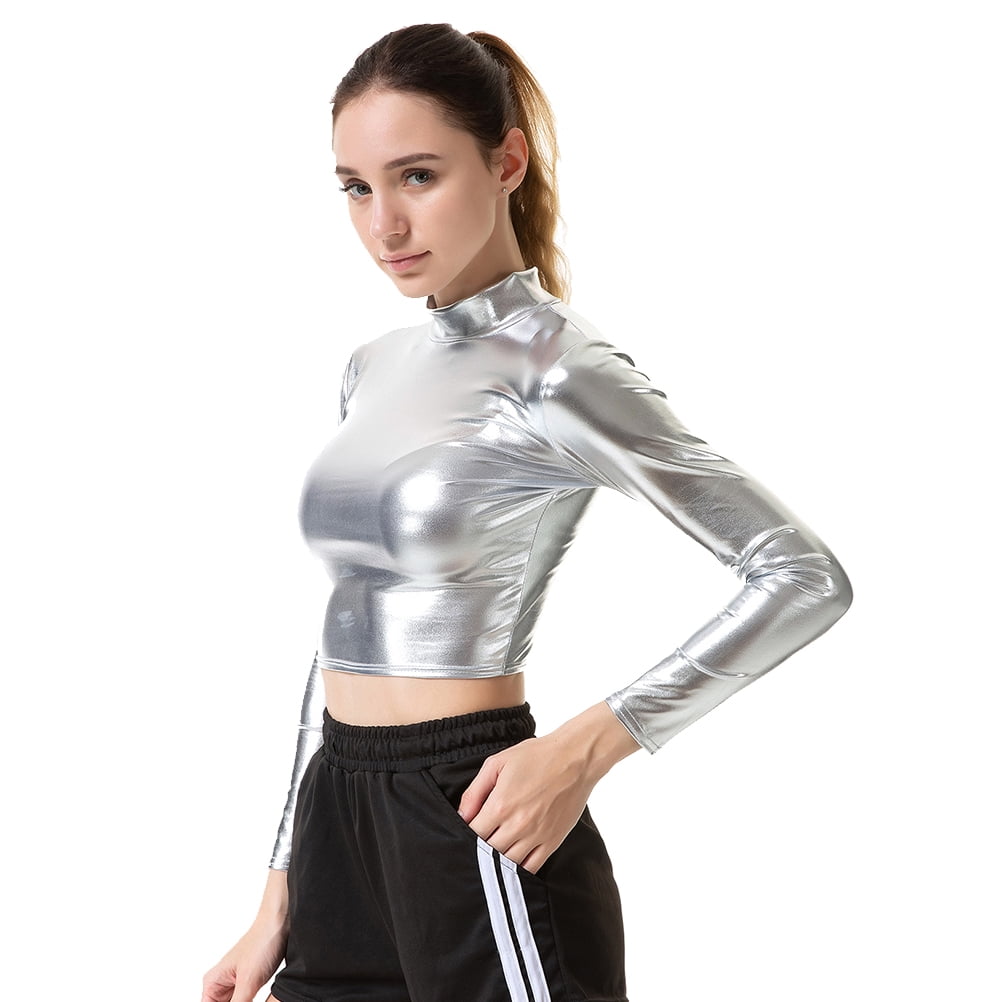 KALLORY 1Set Night Out Outfits for Women Silver Fitted Patent Leather ...