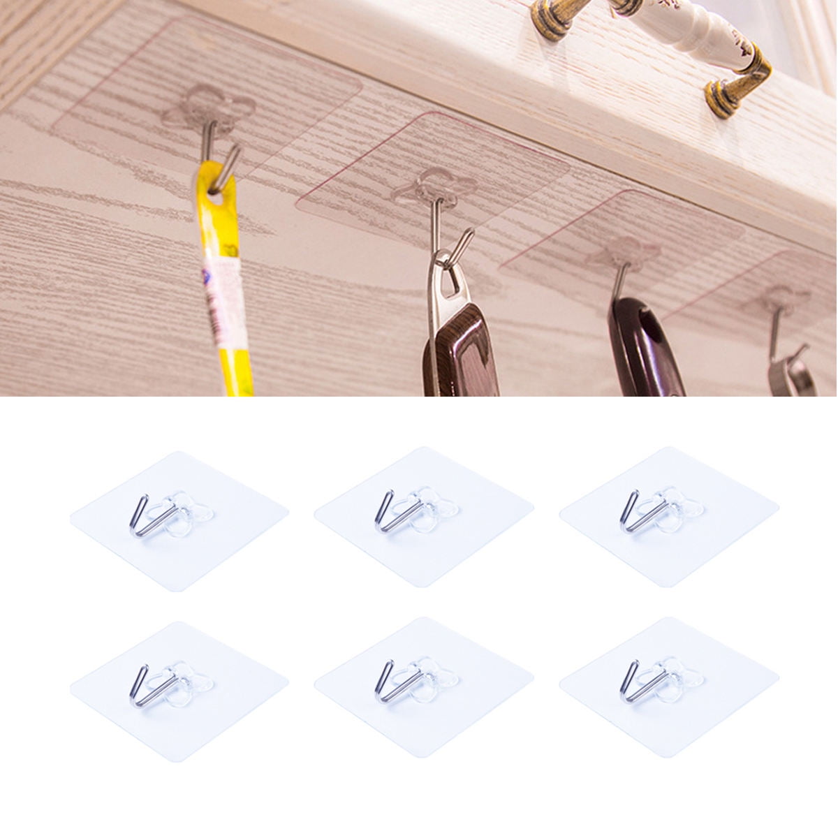 KALLORY 6 Pack Nail Free Peel and Stick Hooks Transparent PVC for ...