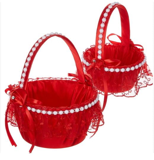 KALLORY Red Fabric Wedding Flower Basket with Lace and Faux for Bridal ...