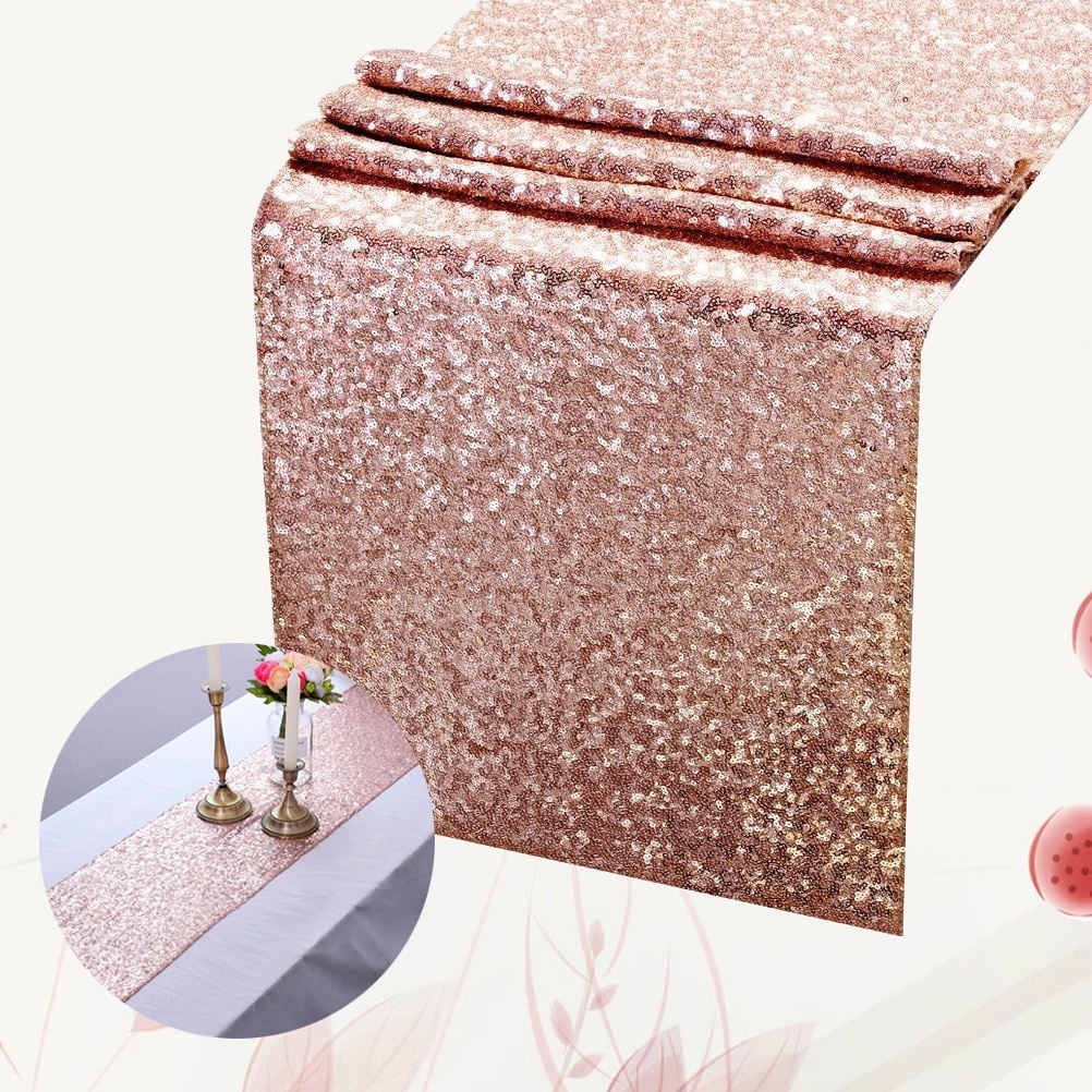 KALLORY Rose Gold Sequin Table Runner 30*71in Rectangular Shape High Density for Dinner Parties ...