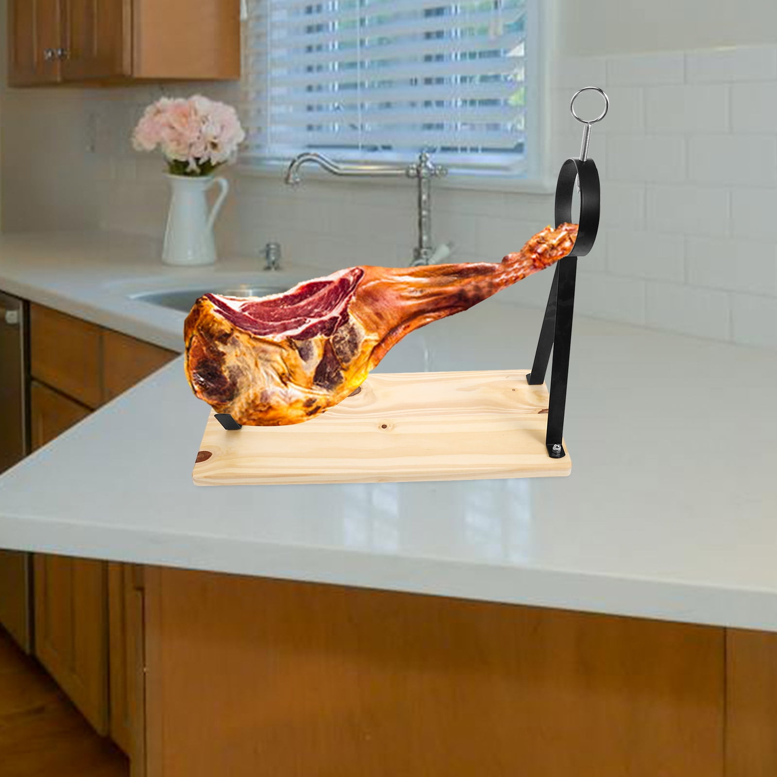 KALLORY Sturdy Metal and Wood Ham Holder for Home Beige Color Space ...