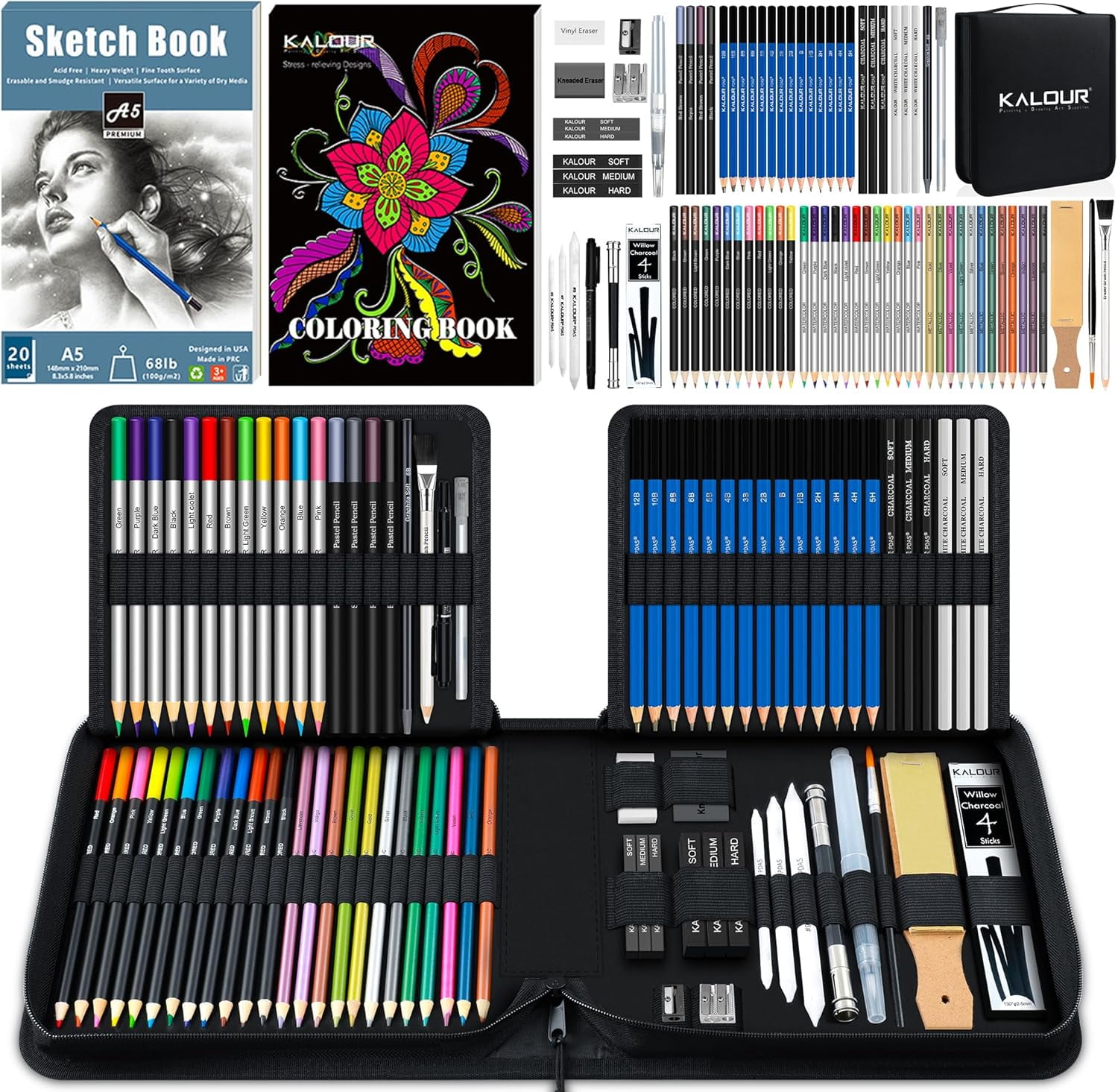KALOUR 76pc Art Supply Set - Sketching & Drawing Kit with Tutorial Book ...