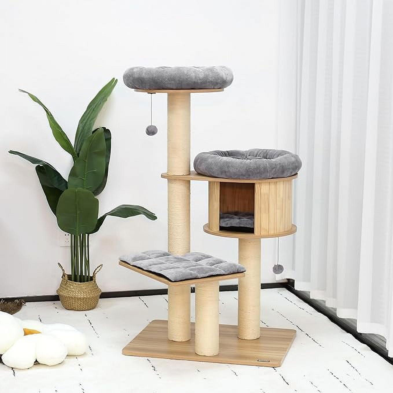 KAMABOKO 58.6" Modern Cat Tree, Wood Cat Tree for Large Cats w/ Condo ...