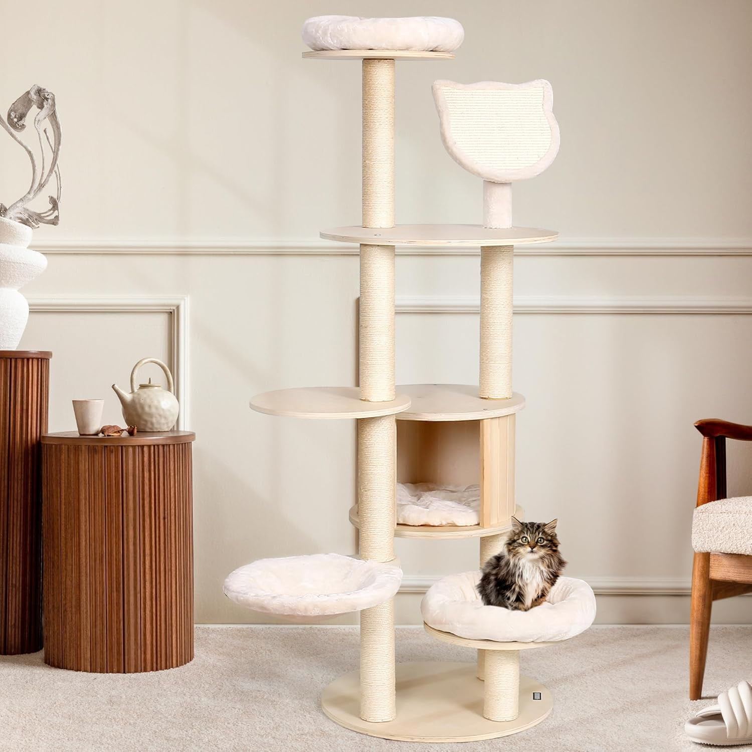 KAMABOKO 64" Tall Cat Tree - Wooden Cat Trees Tower with Cat Condo ...