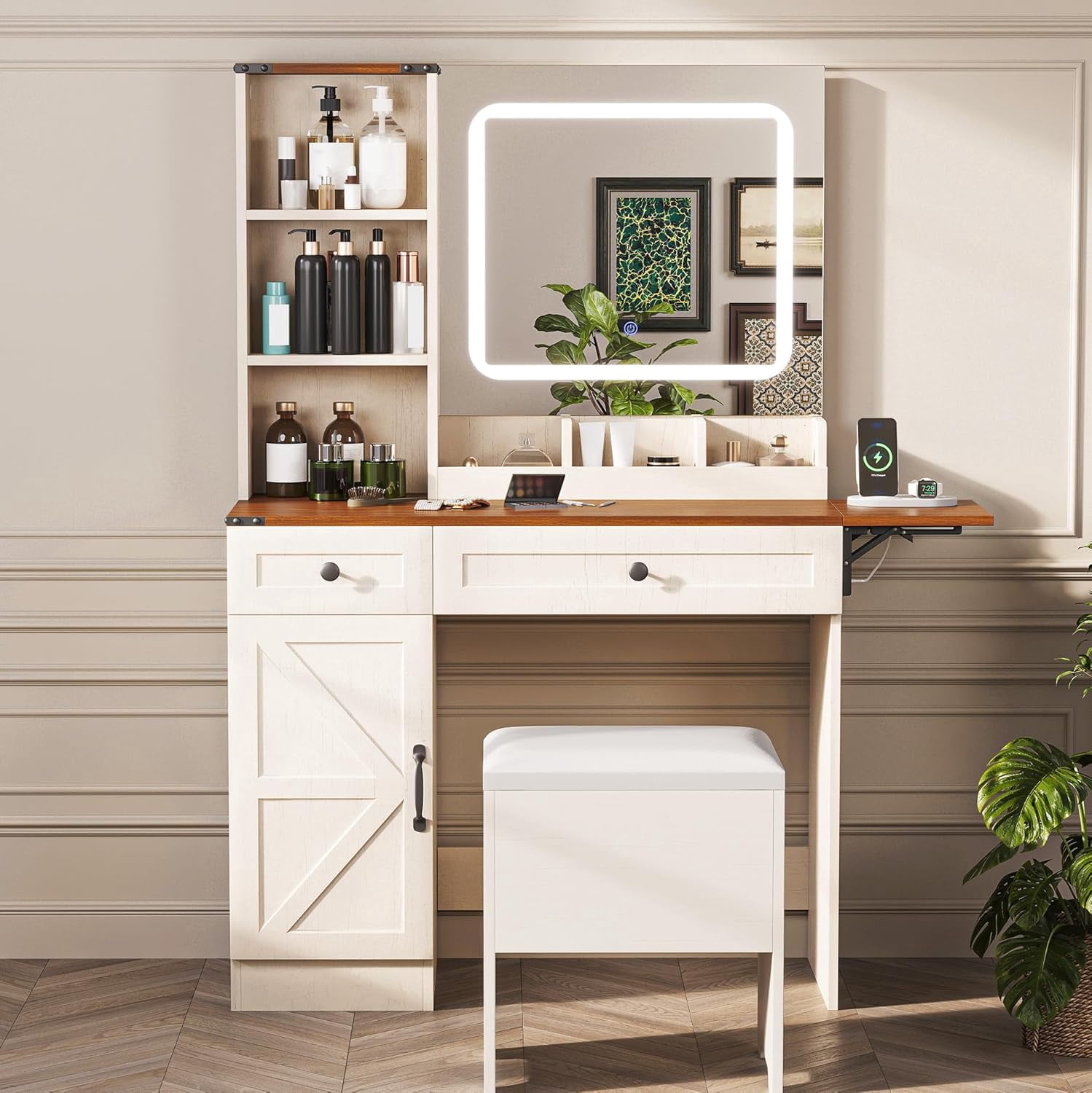 KAMABOKO Farmhouse Vanity with Mirror and Lights, Makeup Table Set with ...