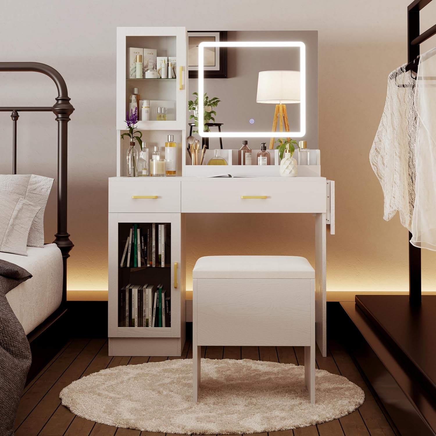 KAMABOKO Modern Vanity Desk with Mirror and Lights, Makeup Table with ...