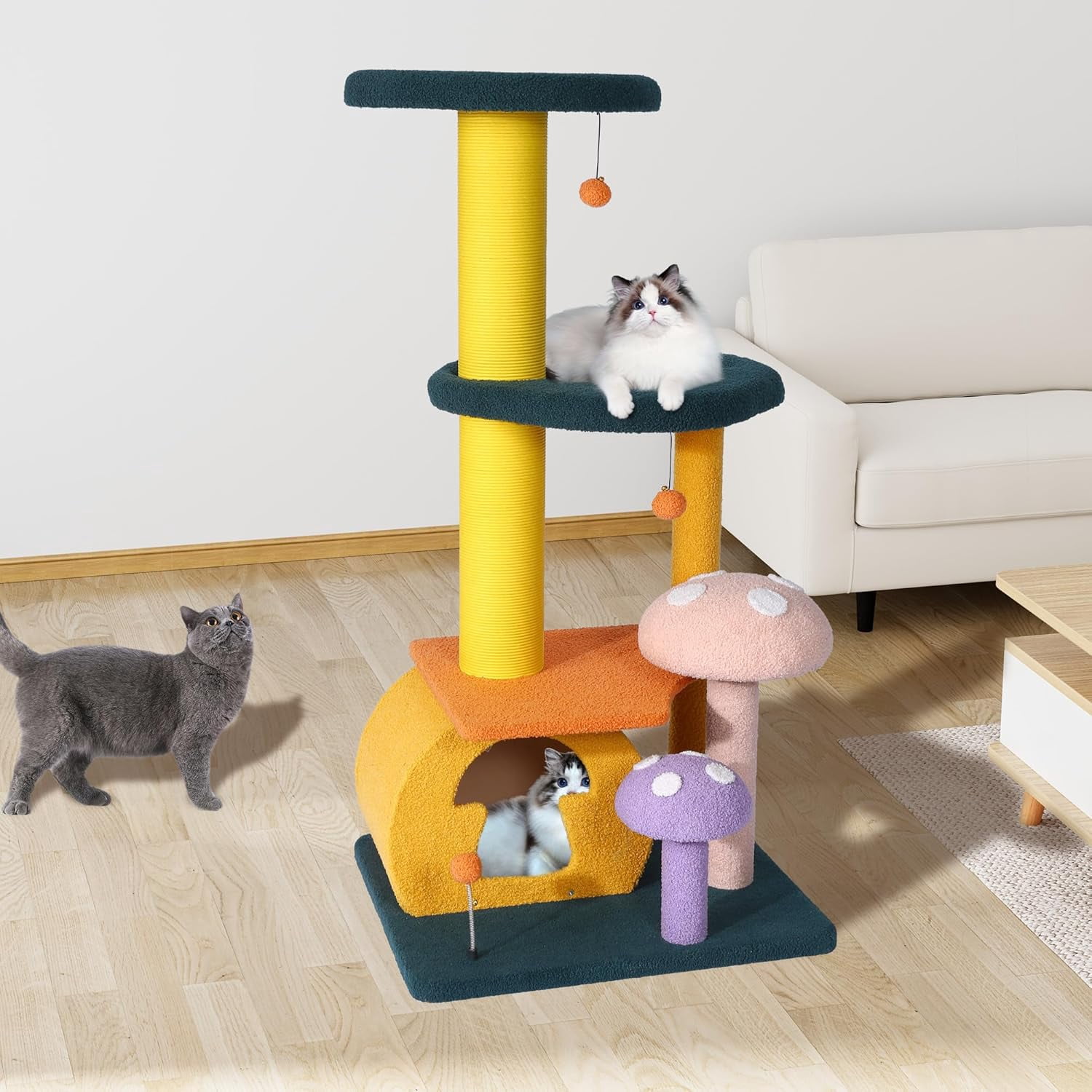 KAMABOKO Mushroom Cat Tree, Cute Cat Tower with Full-Wrapped Sisal ...