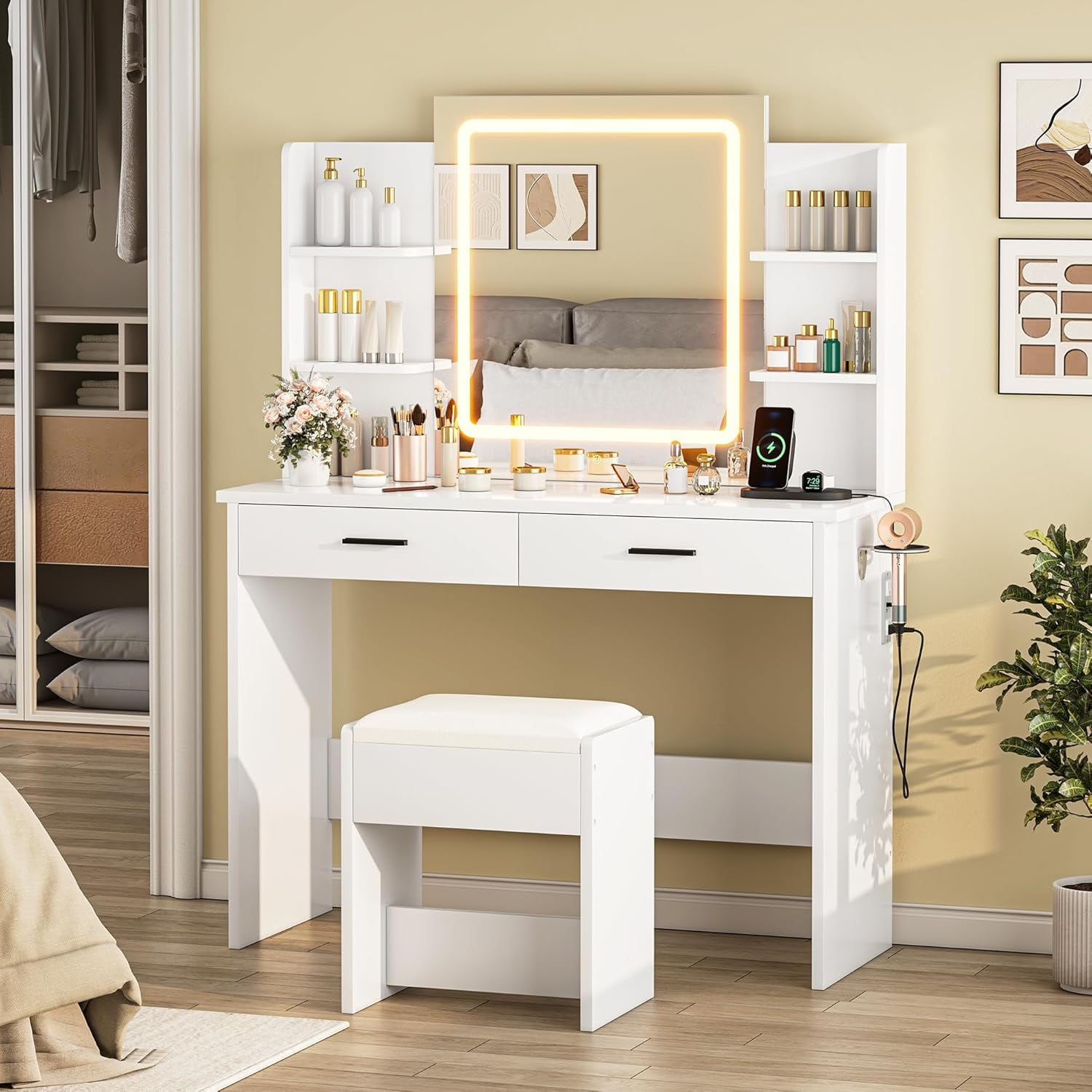 KAMABOKO Small Vanity Desk with Mirror and Lights, Makeup Vanity with 2 ...
