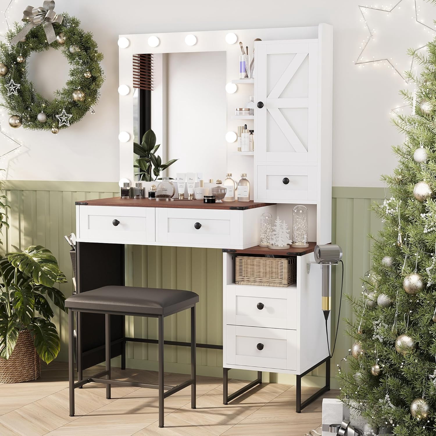 KAMABOKO Vanity Desk with LED Lights Mirror & Power Outlet, Small ...