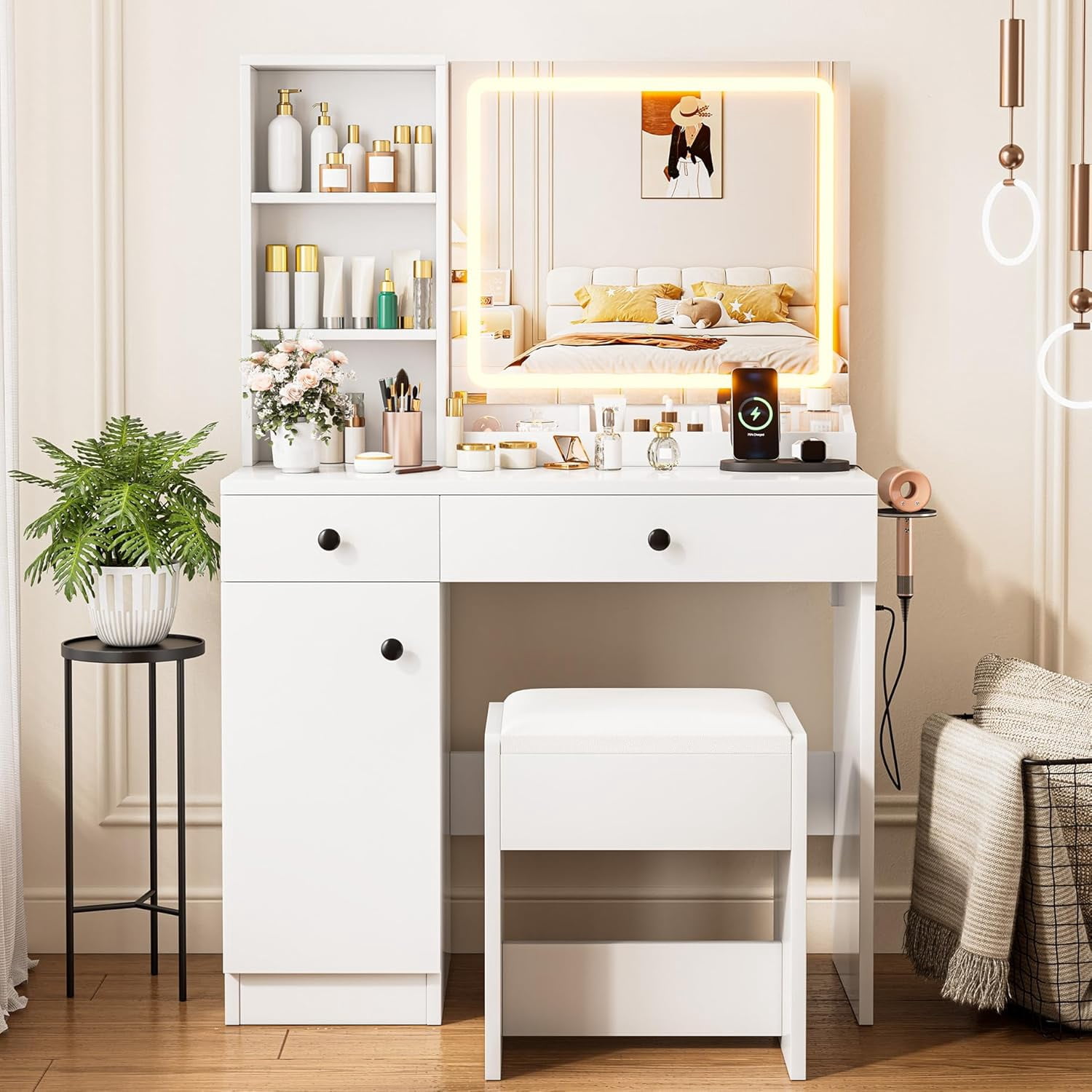 KAMABOKO Vanity Desk with Mirror & Lights, Makeup Table with 2 Drawers ...