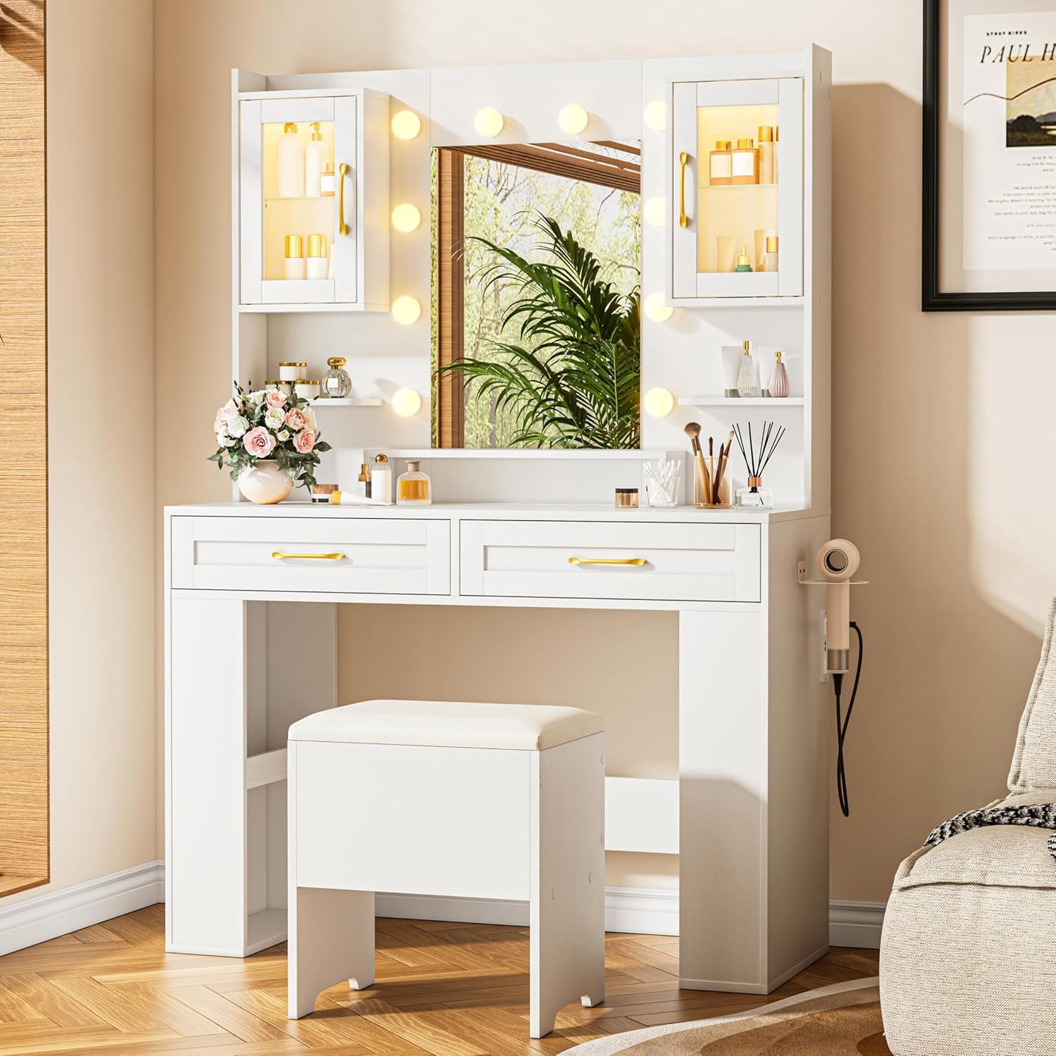 KAMABOKO White Vanity Desk with Mirror and Lights, Makeup Vanity with 2 ...