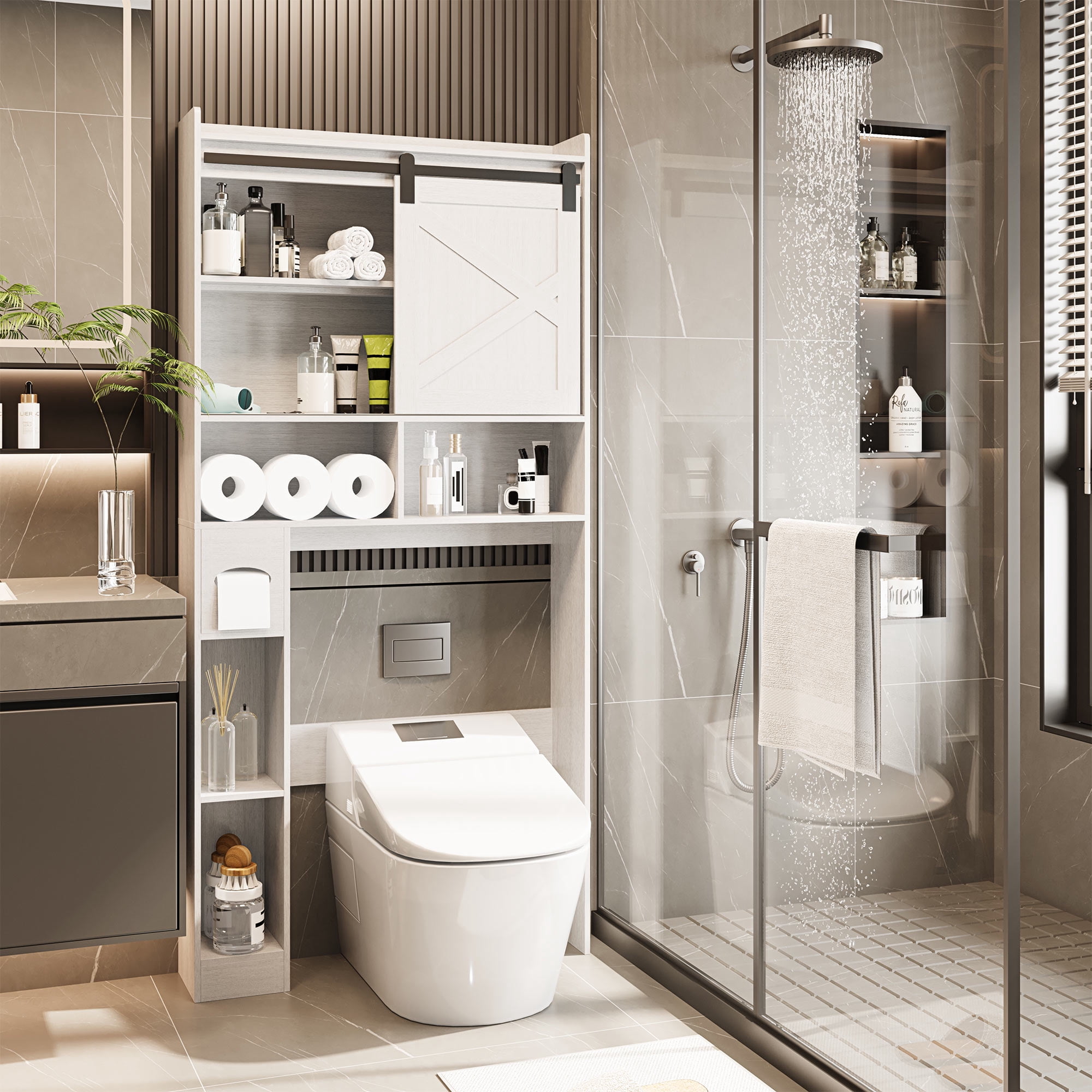 KAMEROUT Over the Toilet Cabinet, White Freestanding Bathroom Shelf ...