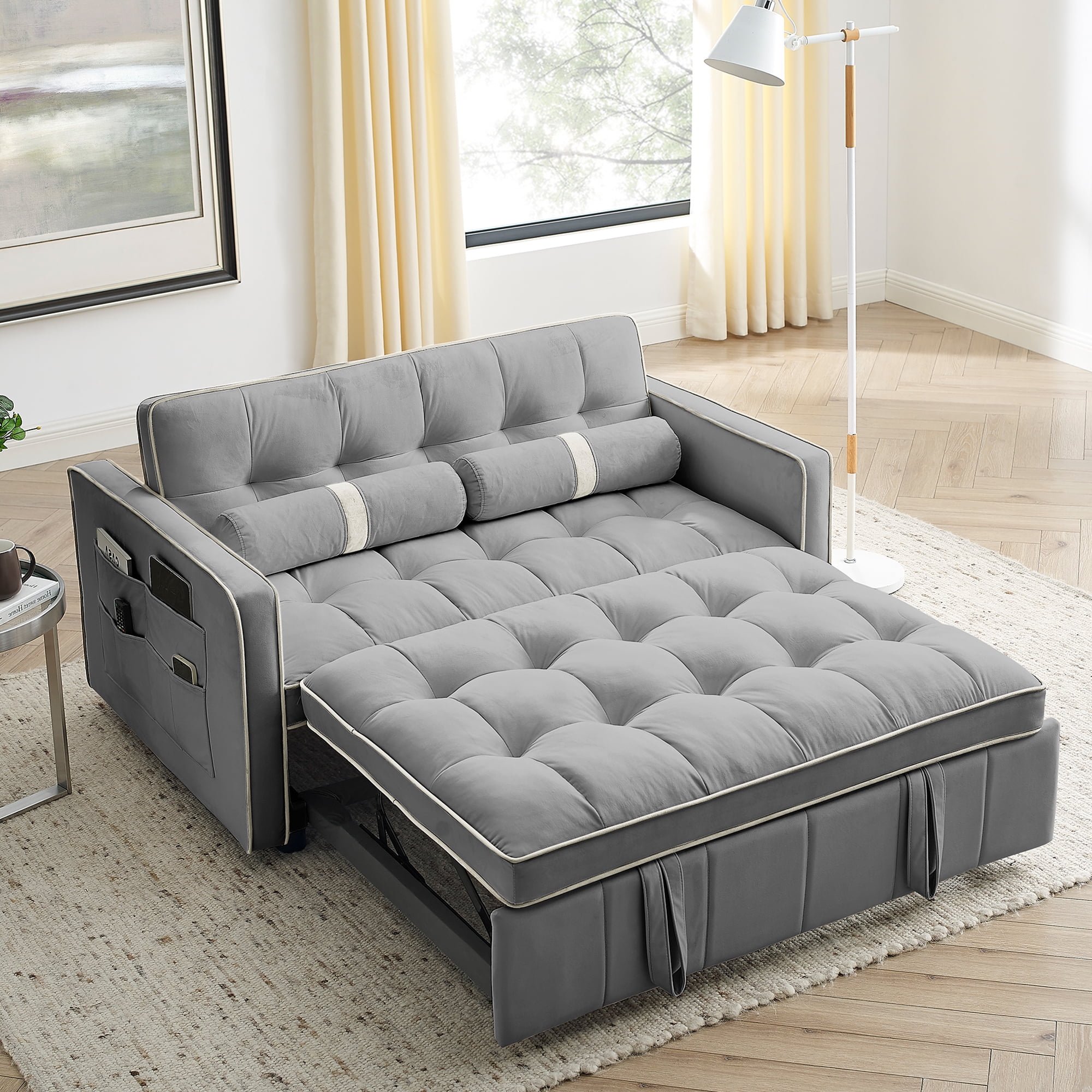 "KAMIDA 55.5"" Convertible Sofa Bed, Velvet Loveseat, Pull Out Bed ...