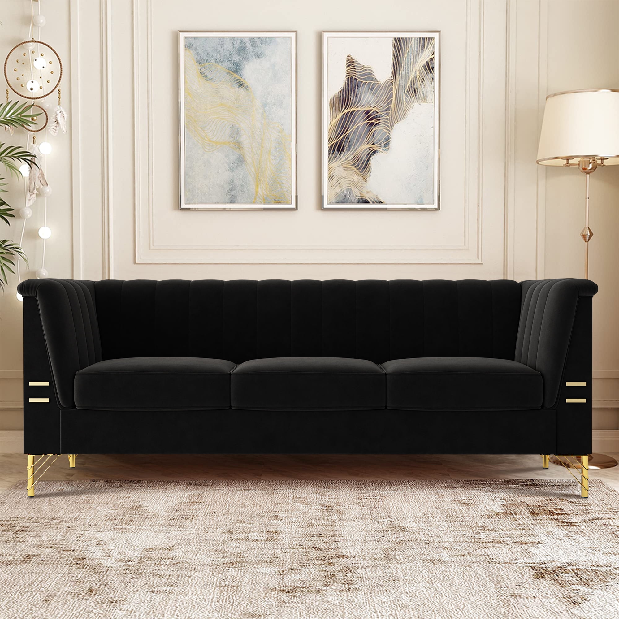 KAMIDA Black 83" 3-Seater Velvet Sofa for Apartment, Modern Futon Couch ...