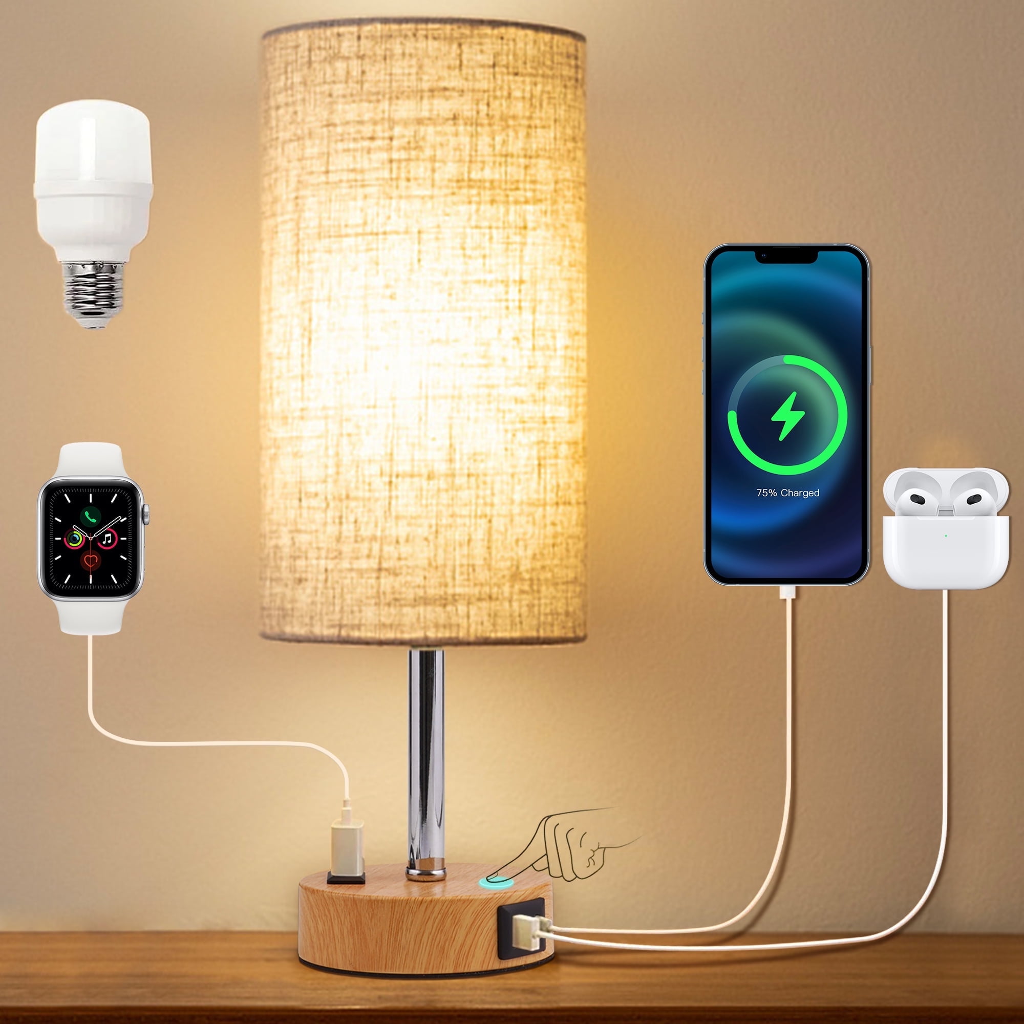 KAMIDA Bedside Table Lamp, 3-Way Dimmable Touch Control, USB-C USB ...