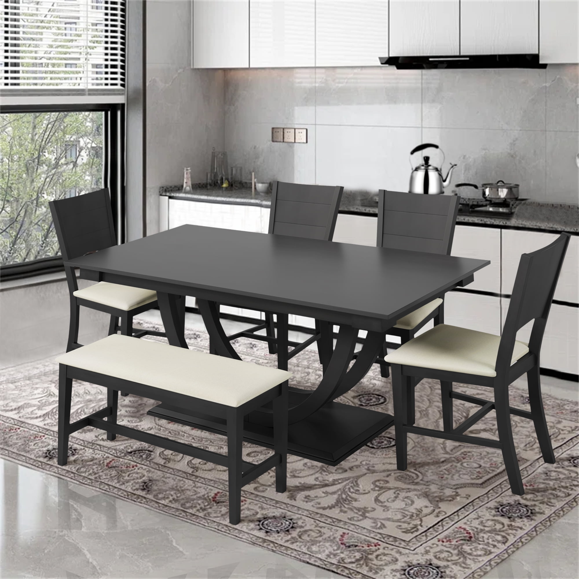 KAMIDA Dining Table Set for 6 - Modern Wood Dining Room Set with Half ...