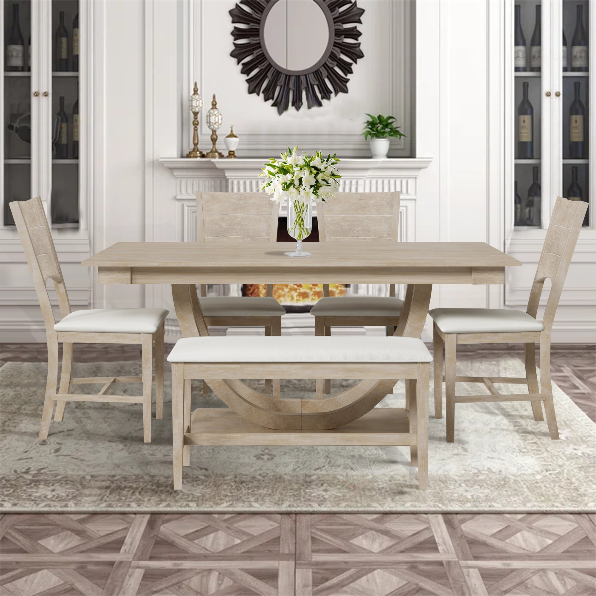 KAMIDA Dining Table Set for 6 - Modern Wood Dining Room Set with Half ...