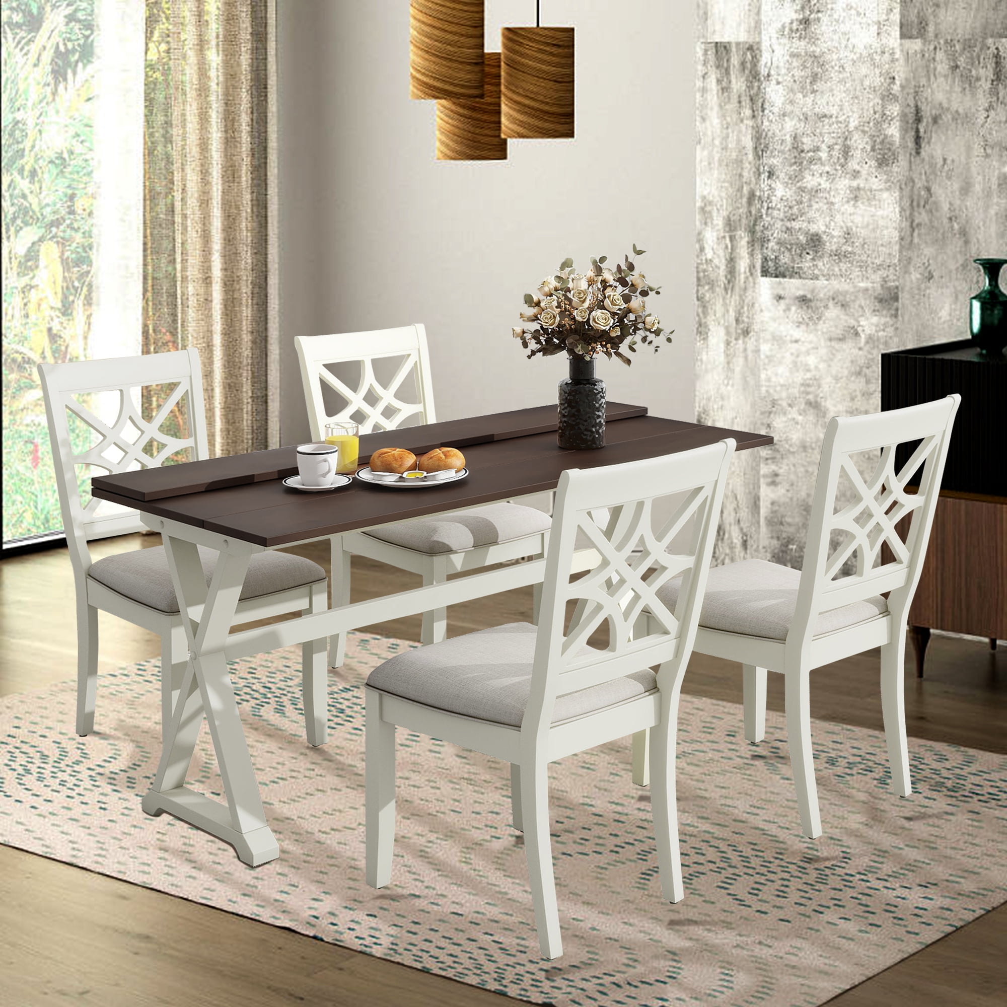 KAMIDA Dining Table Set for 4 - 5-Piece Extendable Dining Room Set with ...