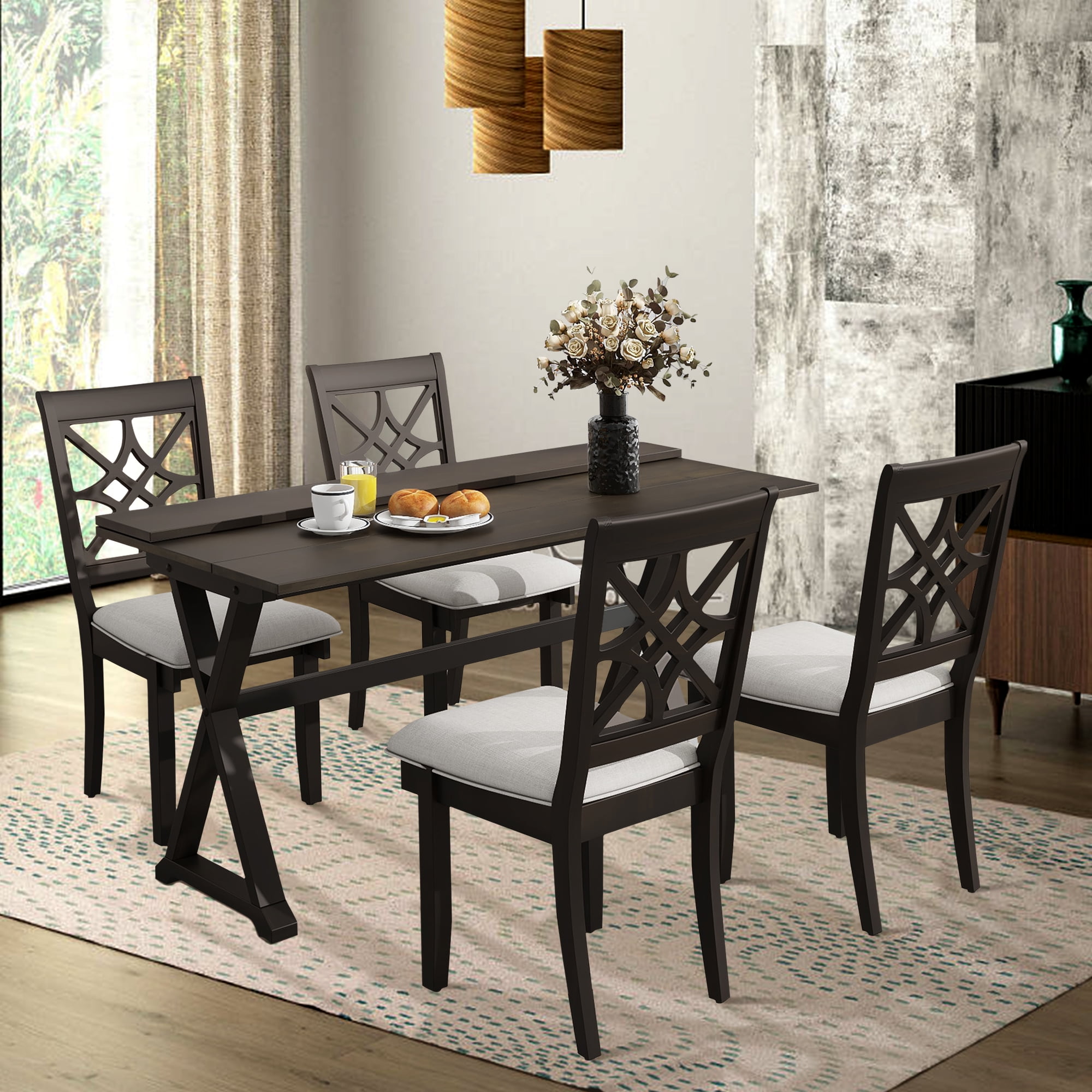 KAMIDA Dining Table Set for 4 - 5-Piece Extendable Dining Room Set with ...