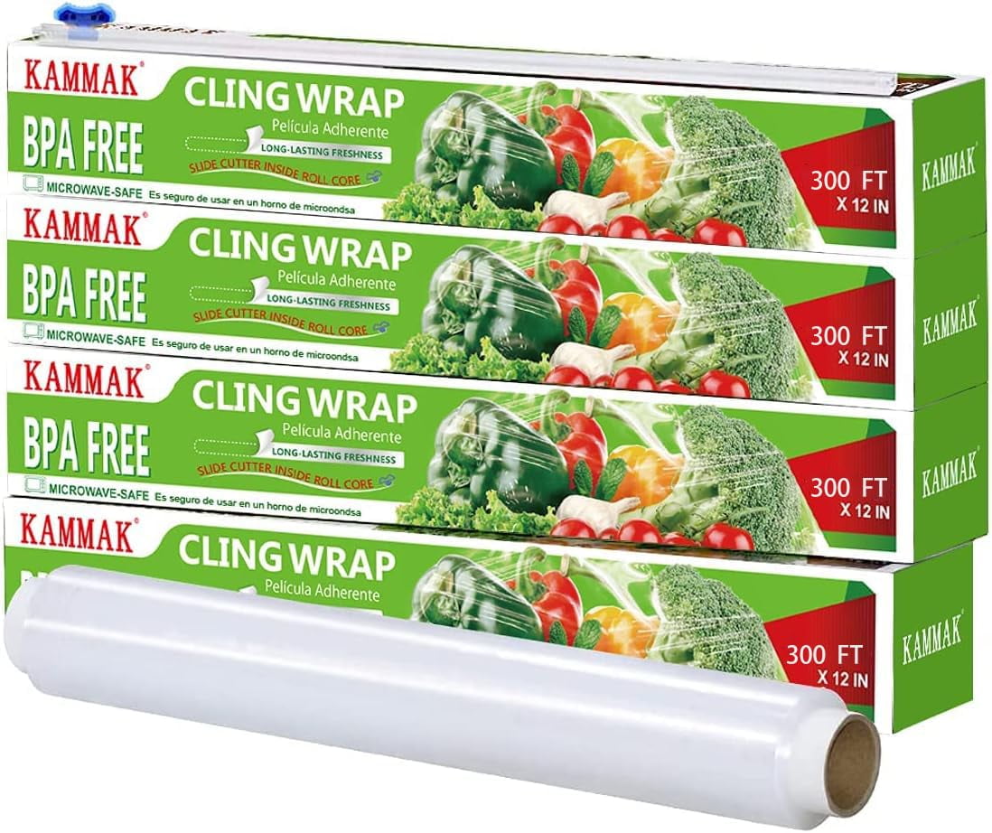 KAMMAK Plastic Wrap with OKA4 Slide Cutter - 4 Pack 12 inch Clear Cling ...