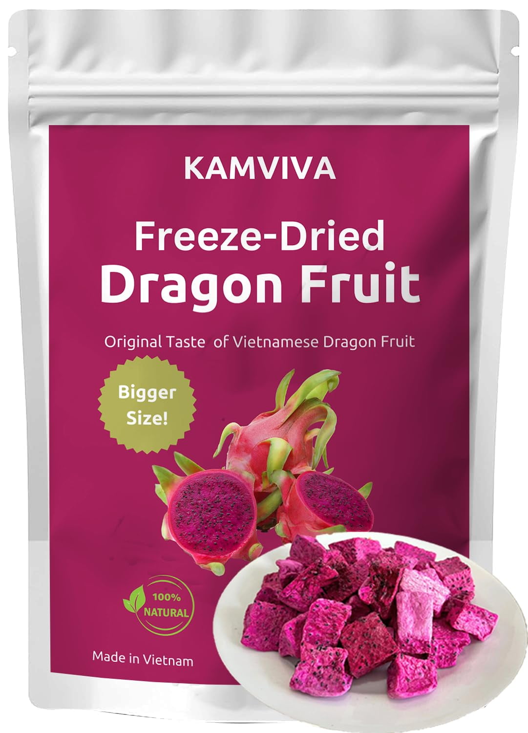 KAMVIVA Vietnam's Freeze Dried AIF4 Dragon Fruit, 227g/8.0 Oz, Red Pitaya Dry Pieces ...