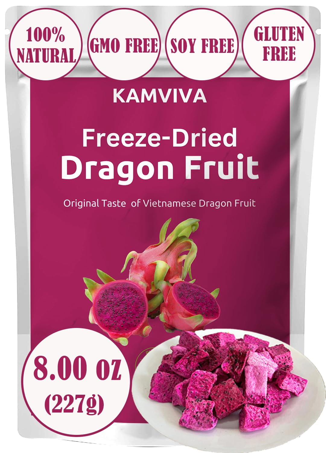 KAMVIVA Vietnam's Freeze Dried IRF13 Dragon Fruit, 227g/8.0 Red Pitaya ...