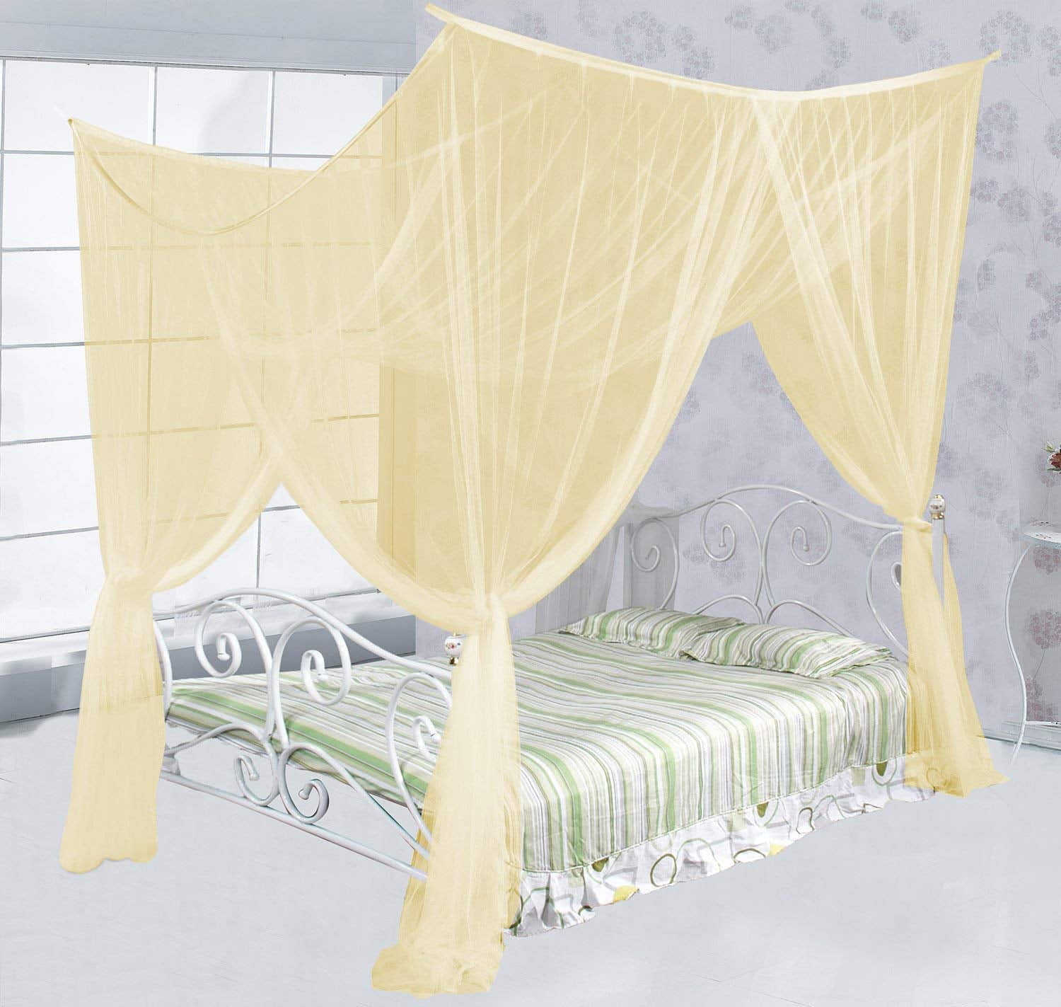 KANAHIYA Traders Mosquito Net Ivory 7x7 ft 4 Corner Post Bed Canopy Quick and Easy Installation ...