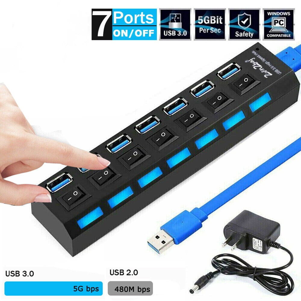 KANCOKIT 7 Port USB 3.0 Hub On/Off Switch High Speed Splitter AC ...