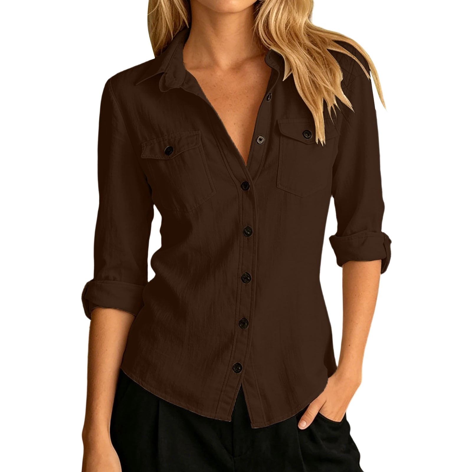 KANG Fashion Womens Work Tops Solid V Neck Button Down Blouse Roll Up ...