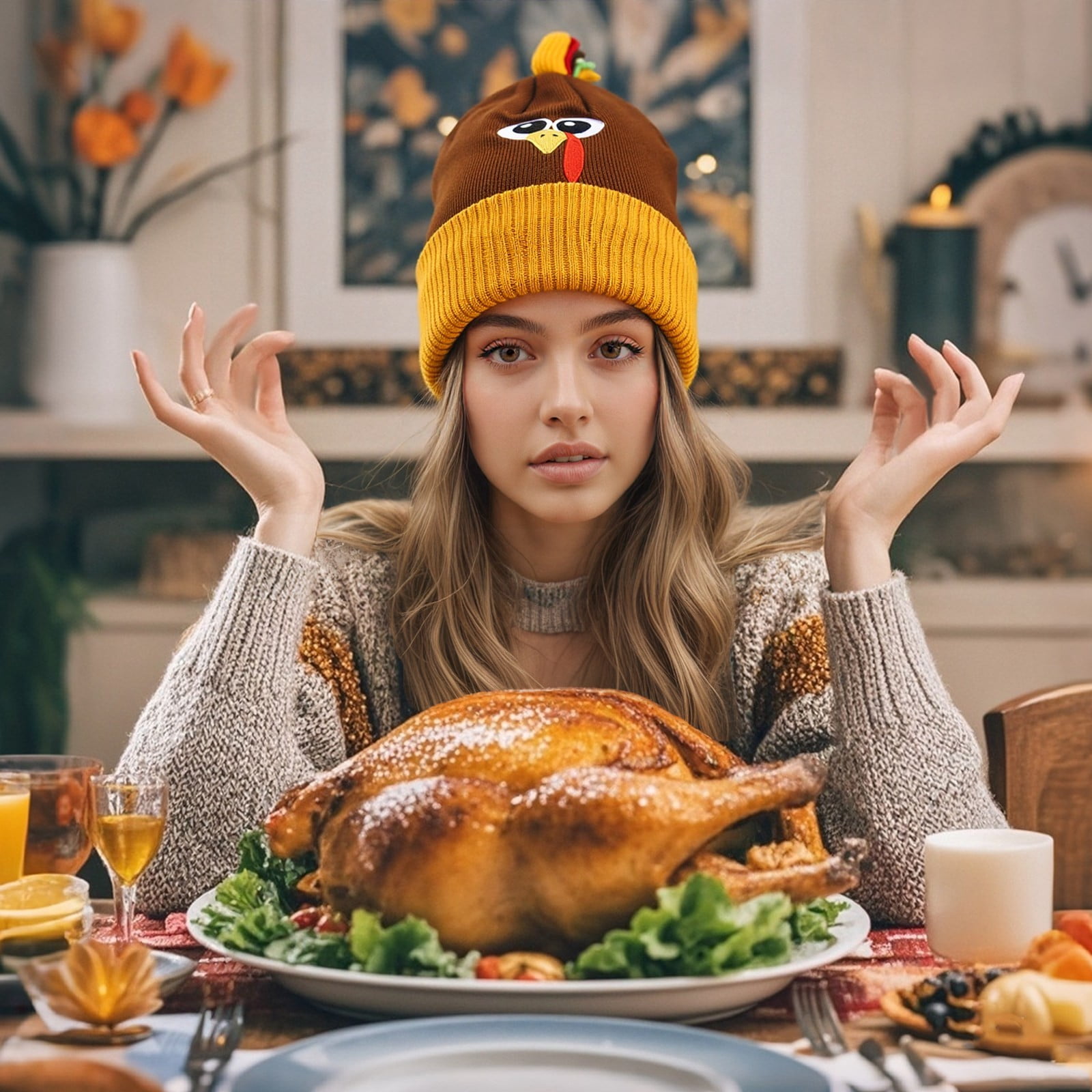 KANG Winter Knit Hat With Embroidered Turkey Design For Thanksgiving ...