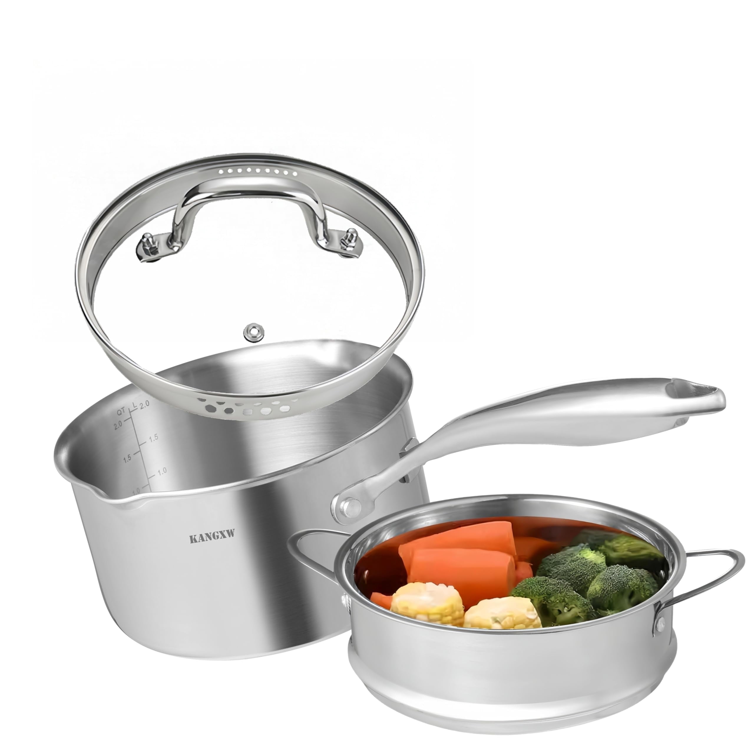 KANGXW 2.0 Quart Stainless Steel Saucepan With steamer,With Pour Spout ...