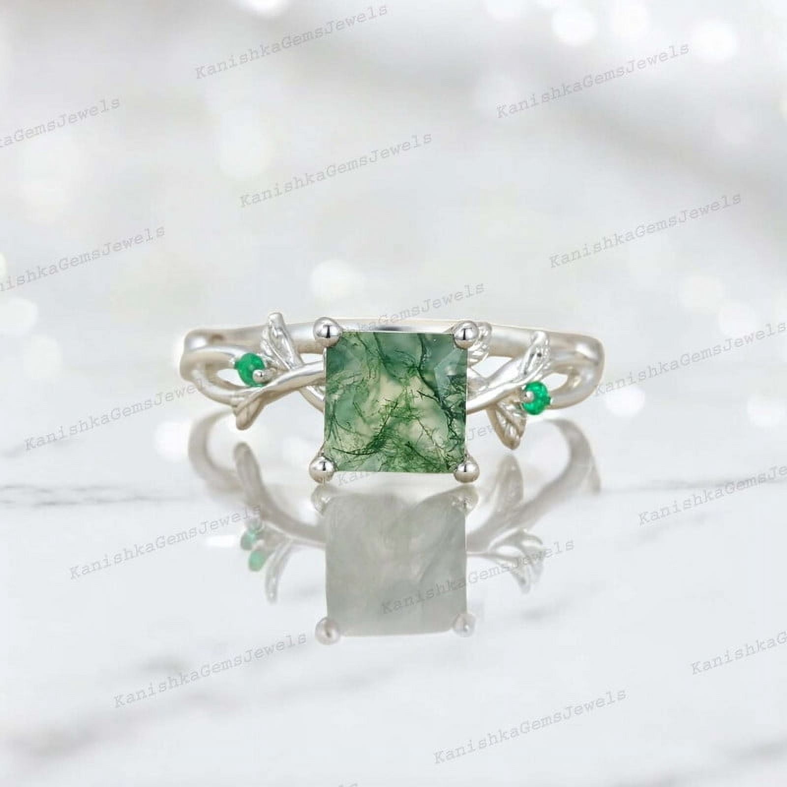 KANISHKAGEMS&JEWELS 2Ct 7mm / Princess Cut Moss Agate Engagement Ring ...