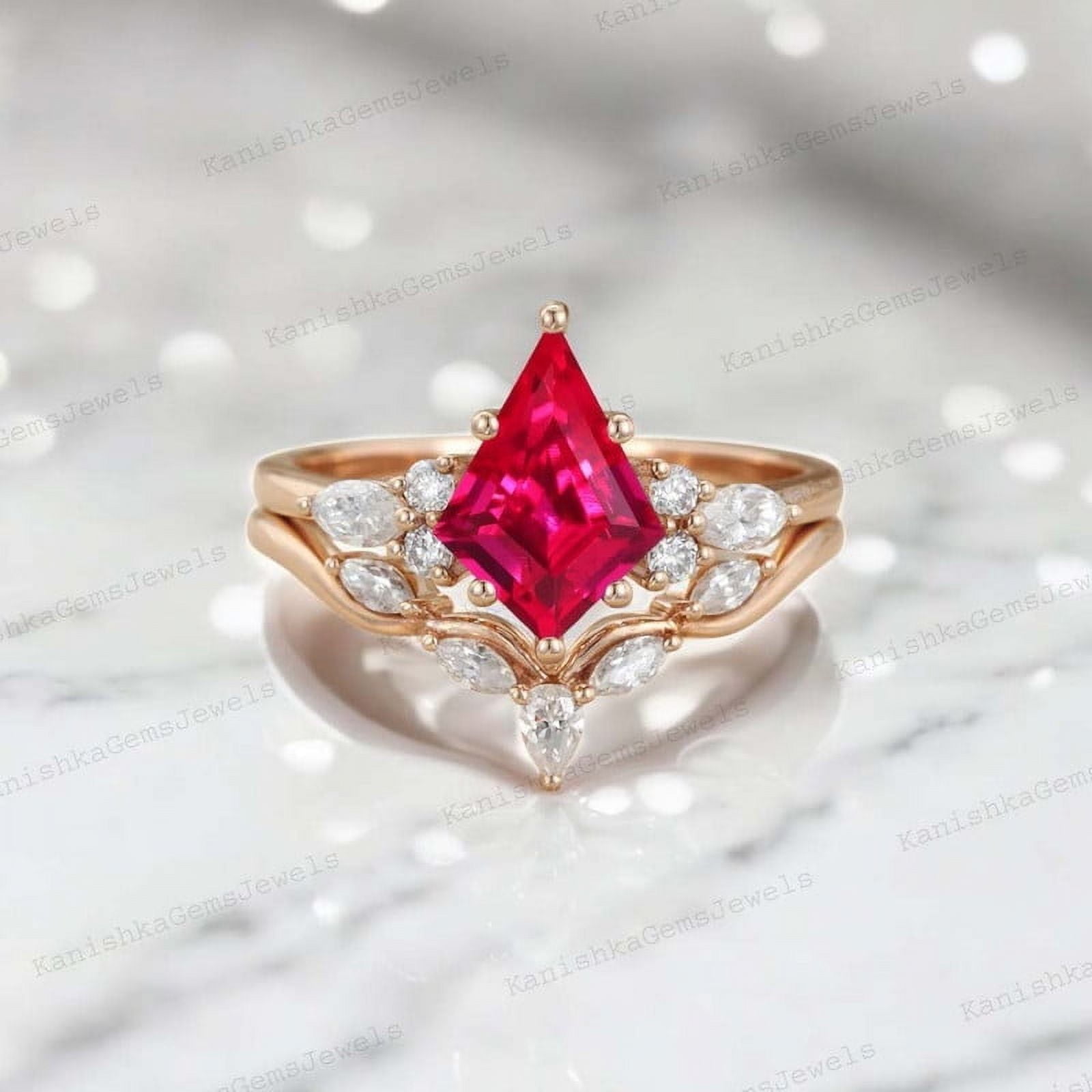 KANISHKAGEMS&JEWELS 9x7MM / 2MM Kite Cut Ruby Bridal Wedding Ring Set ...
