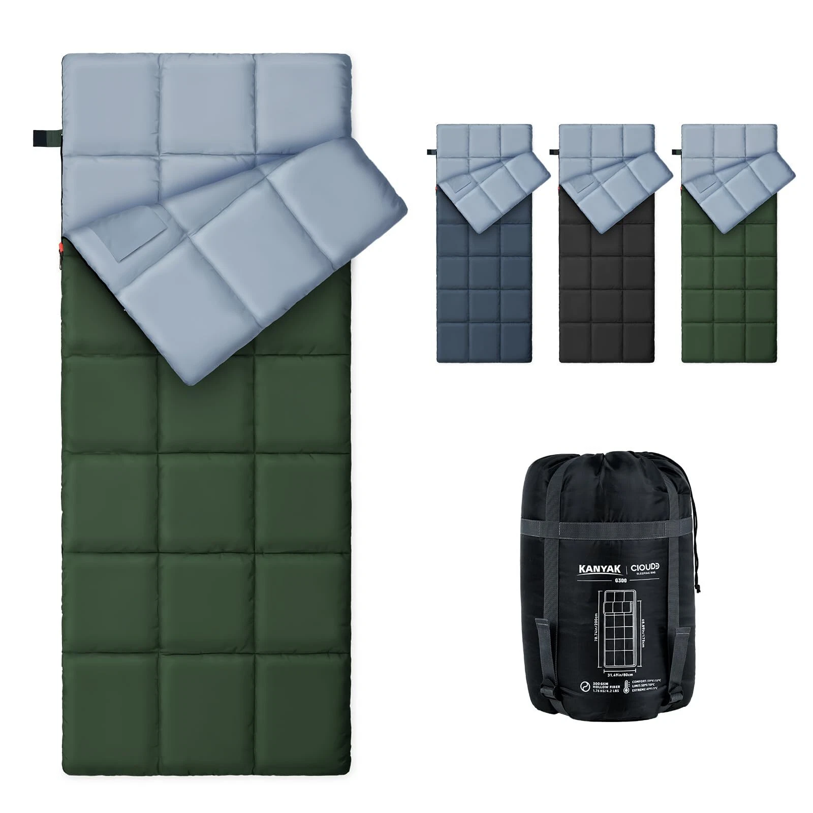 KANYAK Envelope Sleeping Bag 3 Season Warm Weather Portable Compact ...