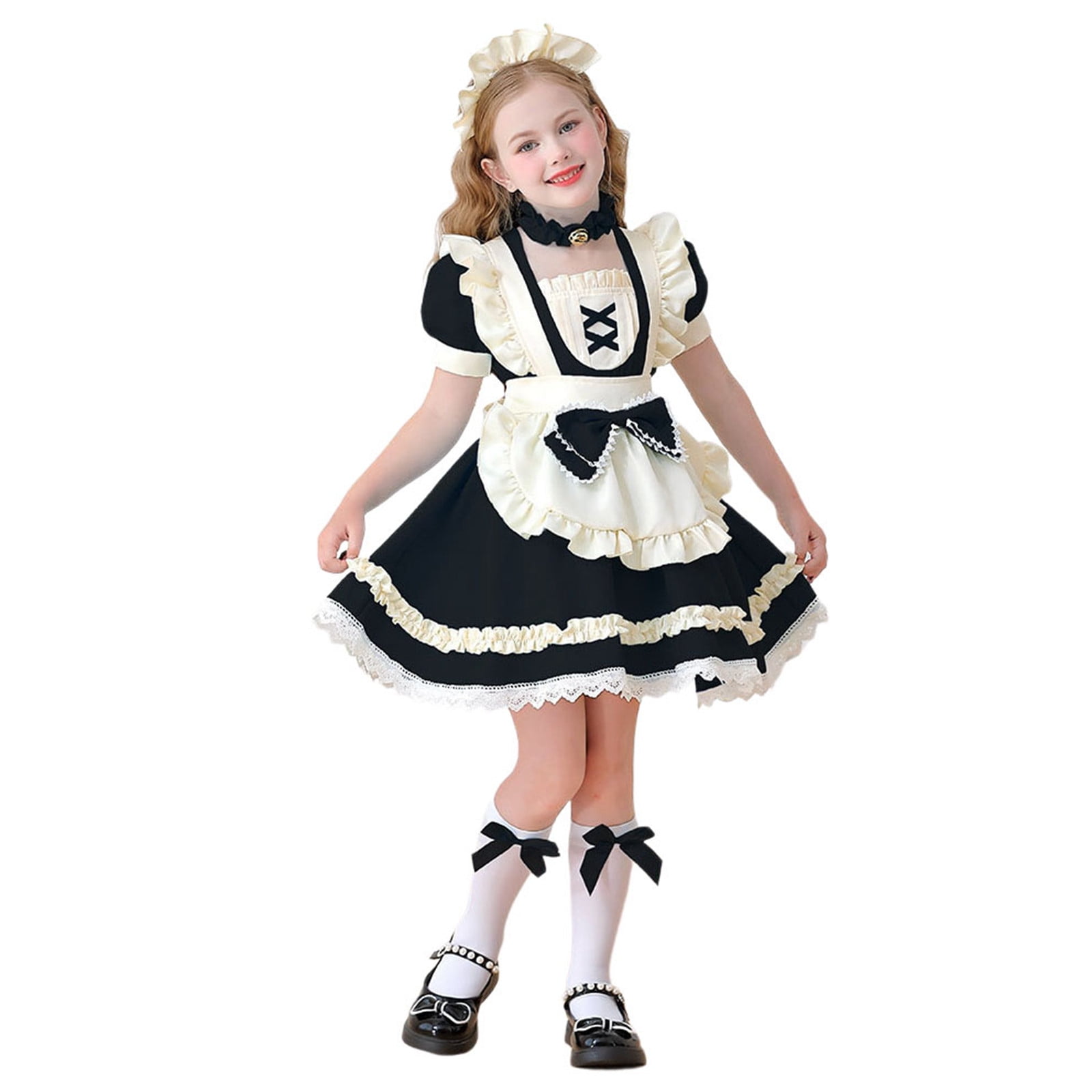 KAOOCXU New Dress For Girl Patchwork Flying Sleeve Square Collar Maid ...