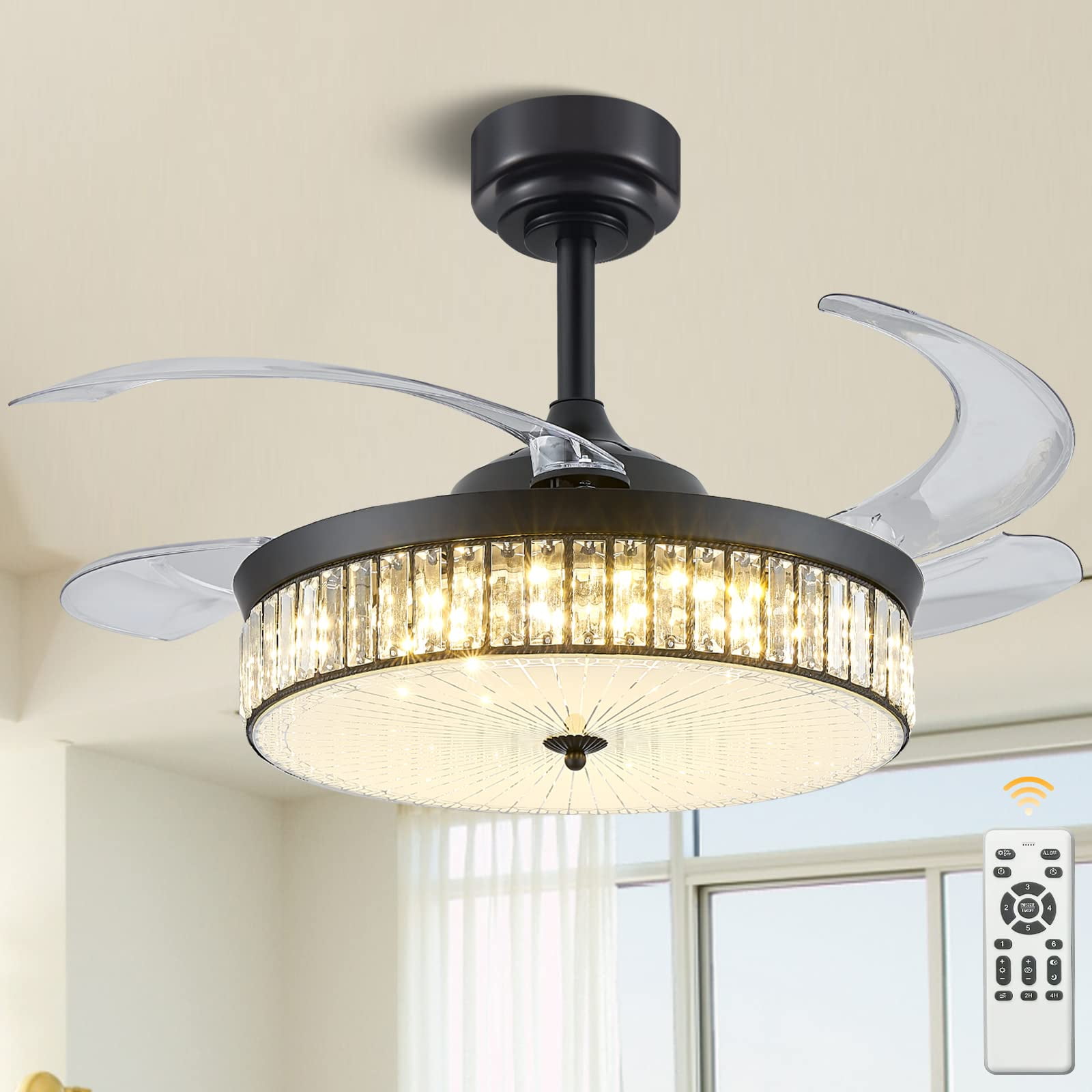 Oaks Aura 42 Inch Retractable Dimmable LED Ceiling Fan Light Remote 3 ...