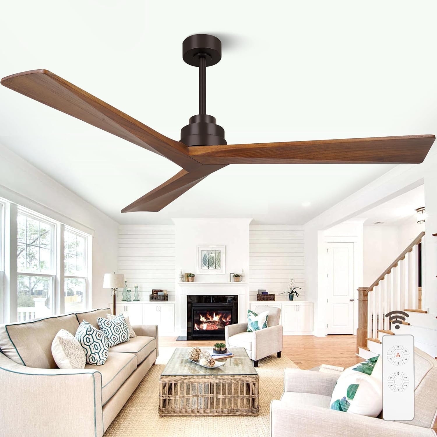 KAPOEFAN 60inch Ceiling Fan without Light, Wood Ceiling Fans no Light ...