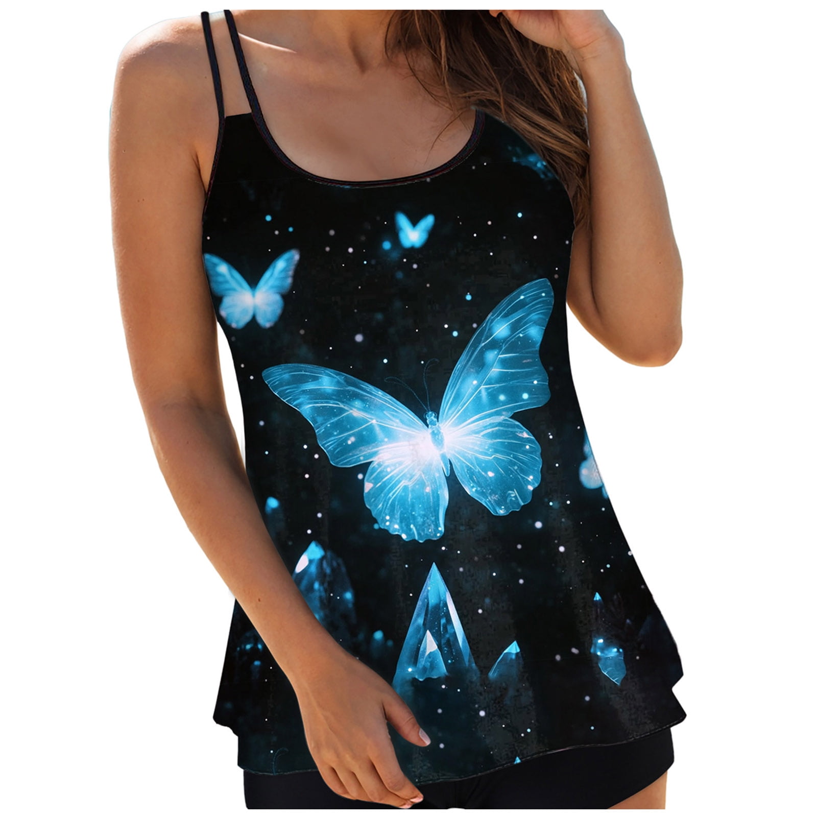 KAPRIOY Women's Side Shirred V-Neck Tankini Top (M, Sky Blue ...