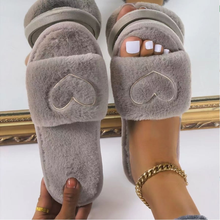 KAQ Heart Fuzzy Slippers for Women Fluffy Slippers Cozy Slides House ...