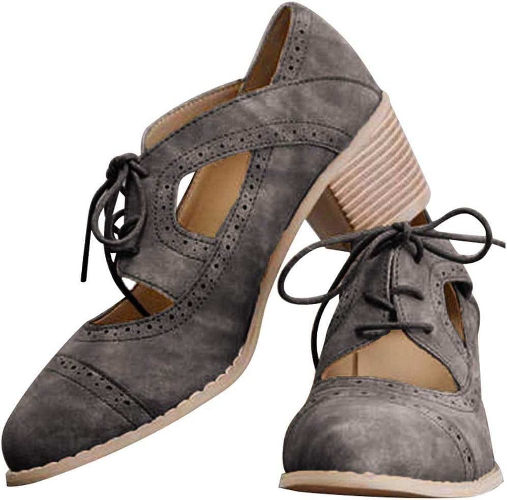 KAQ Oxford Shoes for Women Chunky Heels Brogue Leather Contrast Panel ...